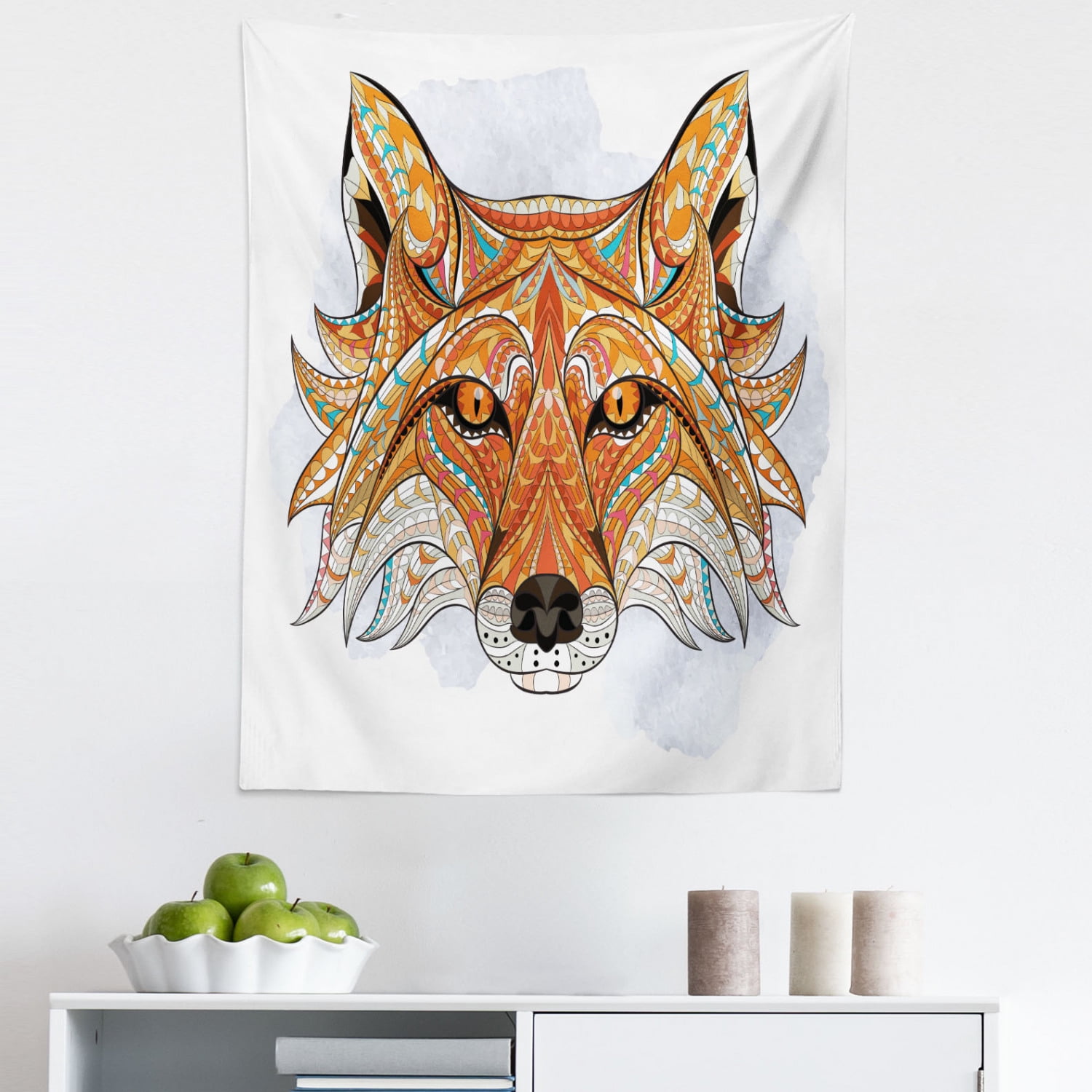 Tribal Tapestry, Geometric Fox Portrait with Oriental Ornaments Totem ...