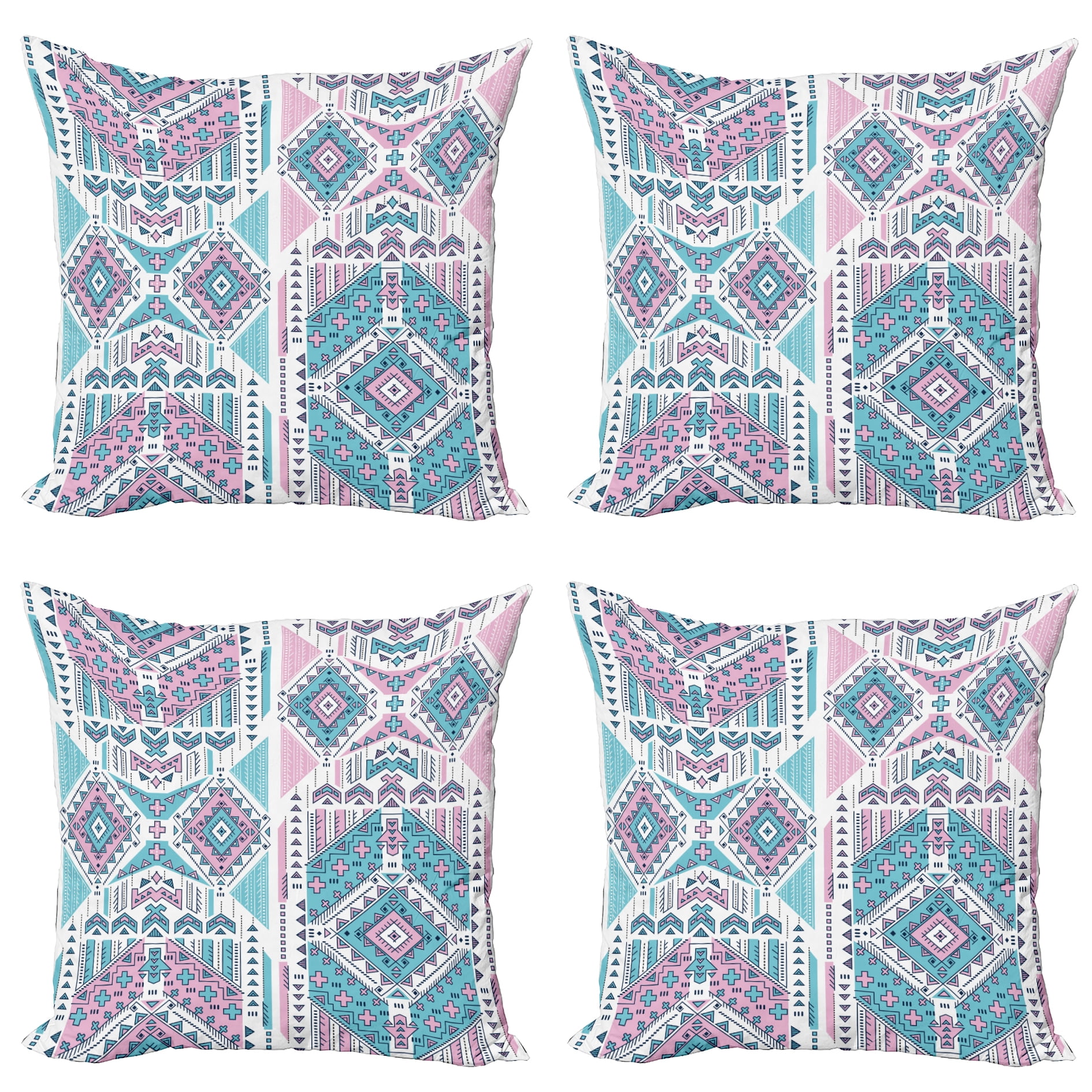 Ambesonne Tribal Throw Pillow Cover 4 Pack, Pink Teal Aztec, 18", Pale ...