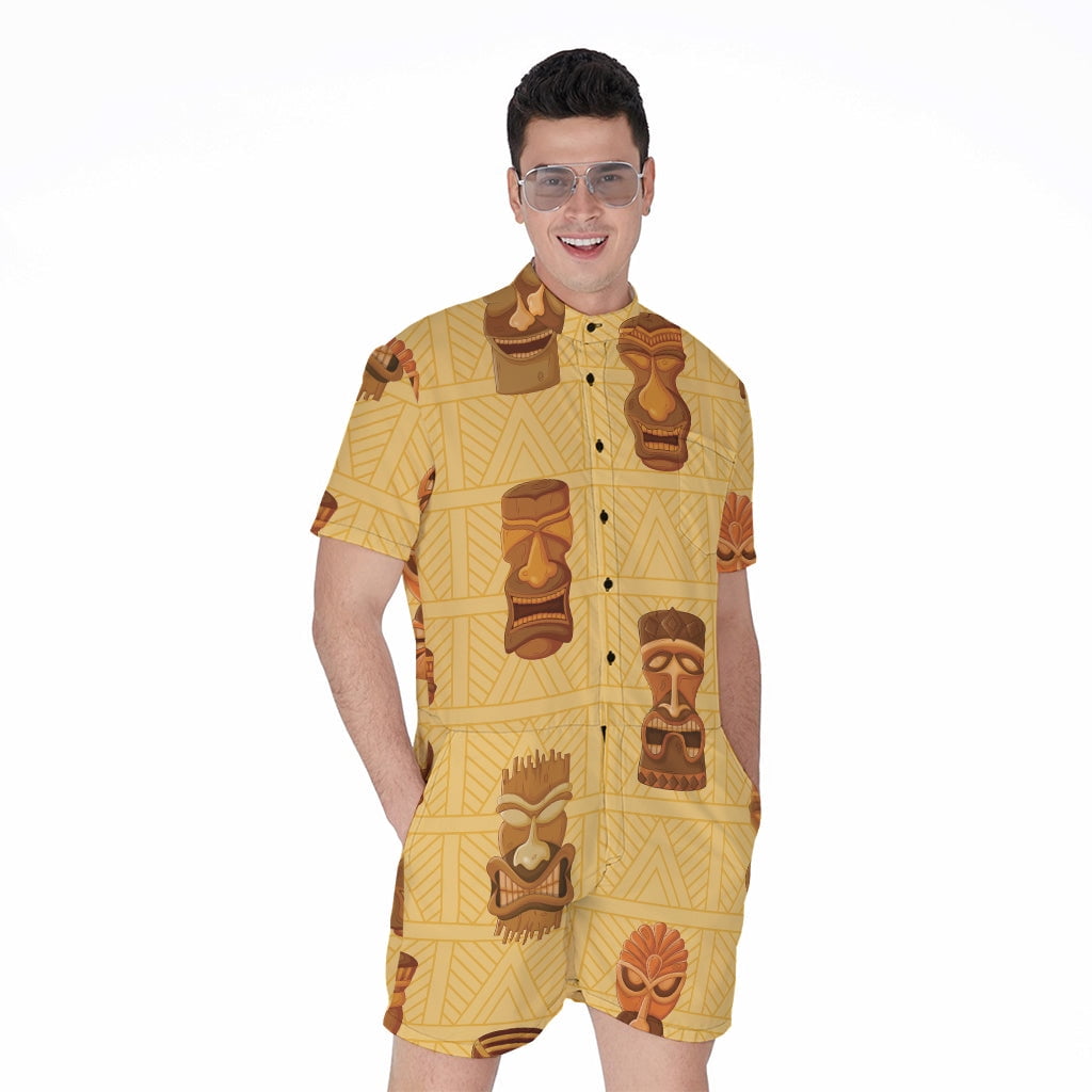 Tribal Tiki Mask Pattern Short Sleeve Men'S Rompers, Aloha Tropical ...