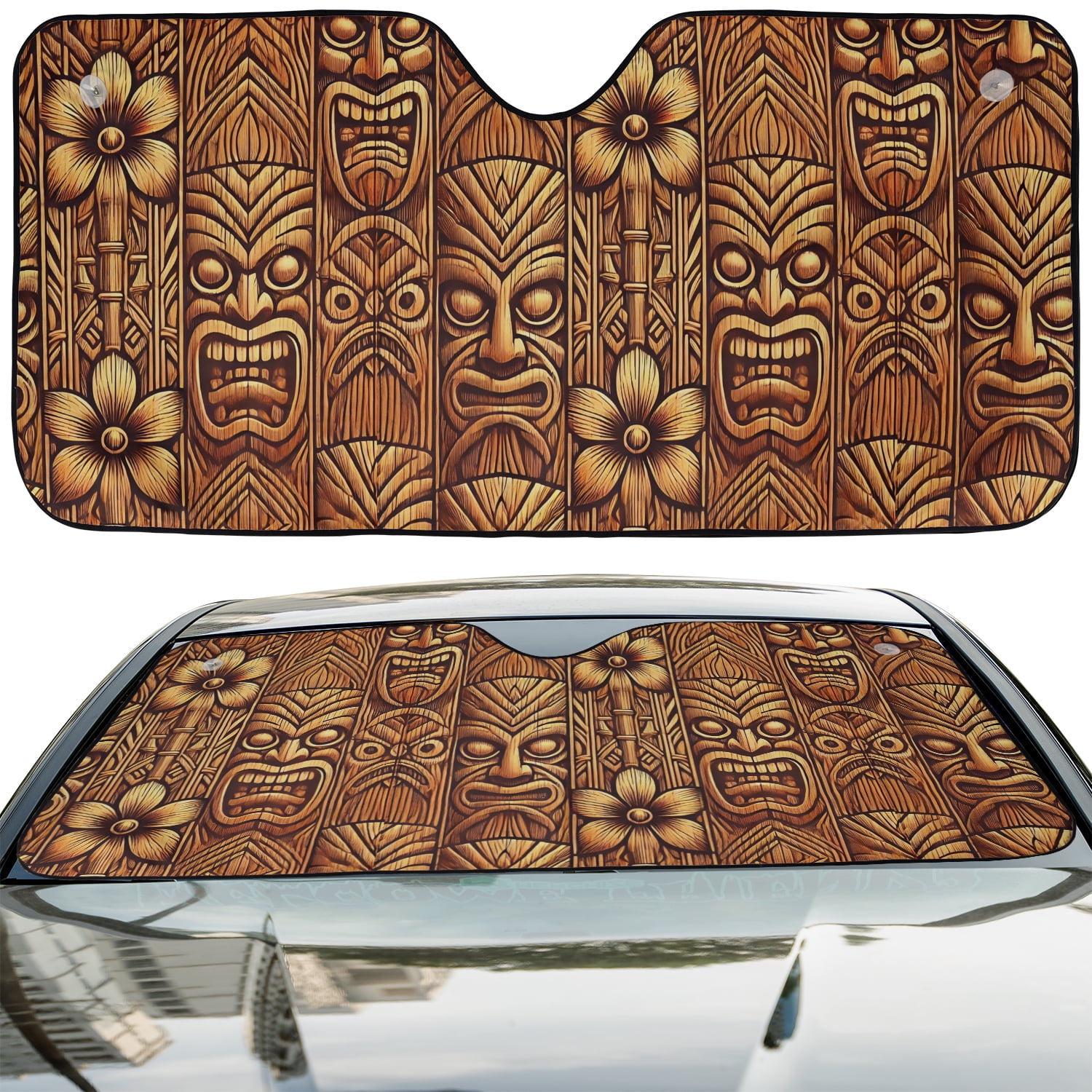 Tribal Tiki Woodgrain Accordion Style Universal Auto Sunshade for Front ...