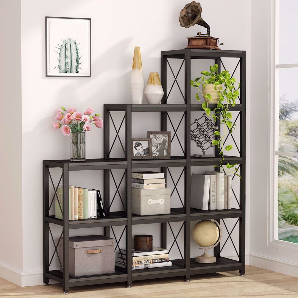 TribeSigns 12-Shelf Bookcase: Industry-Style Ladder, 5-Tier Rustic ...