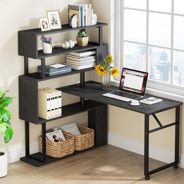 TribeSigns Rotating L-Shaped Desk with 5 Shelves, Rustic Corner Desk ...