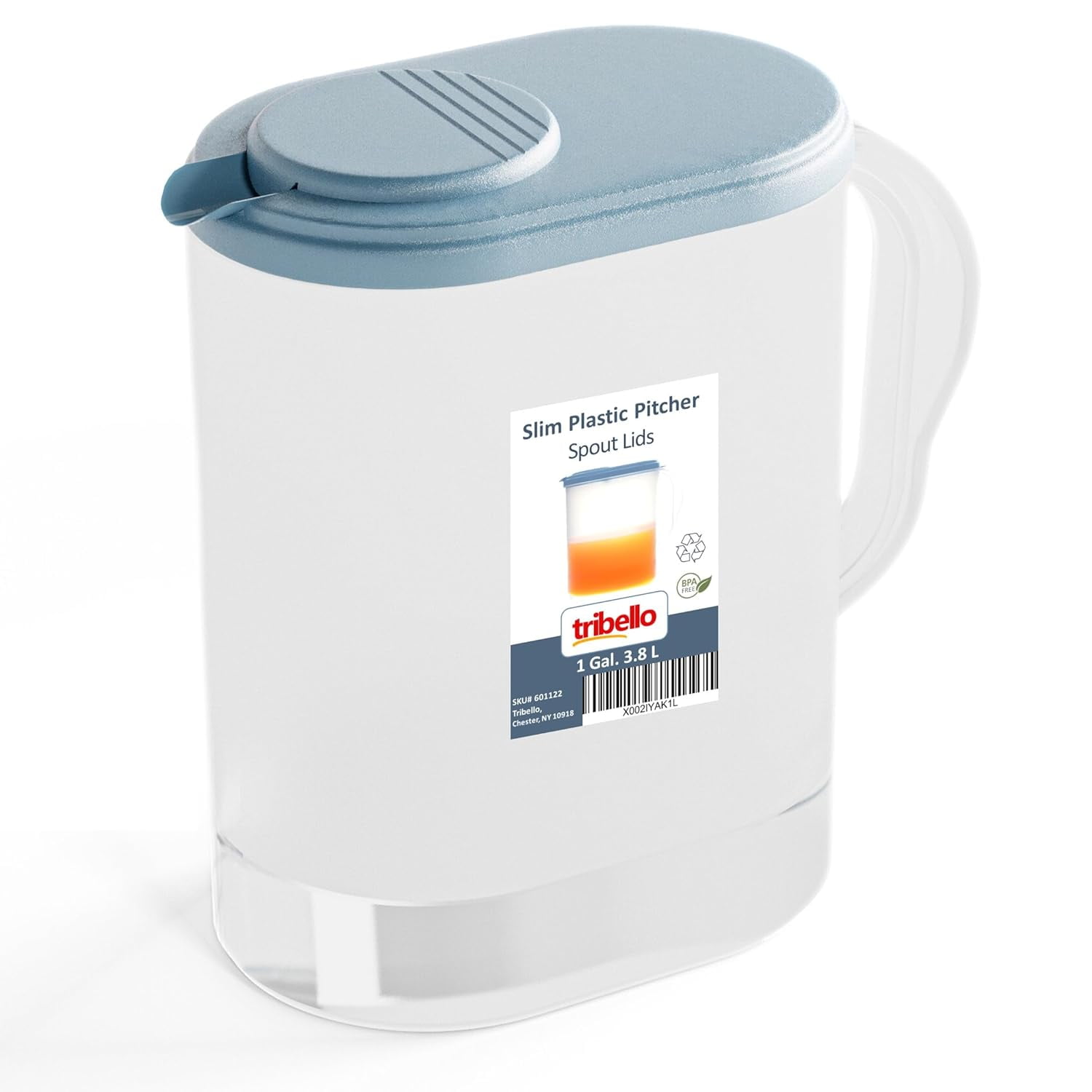 Tribello Pitcher with Lid 1 Gallon, Slim Clear Plastic Water Pitcher ...