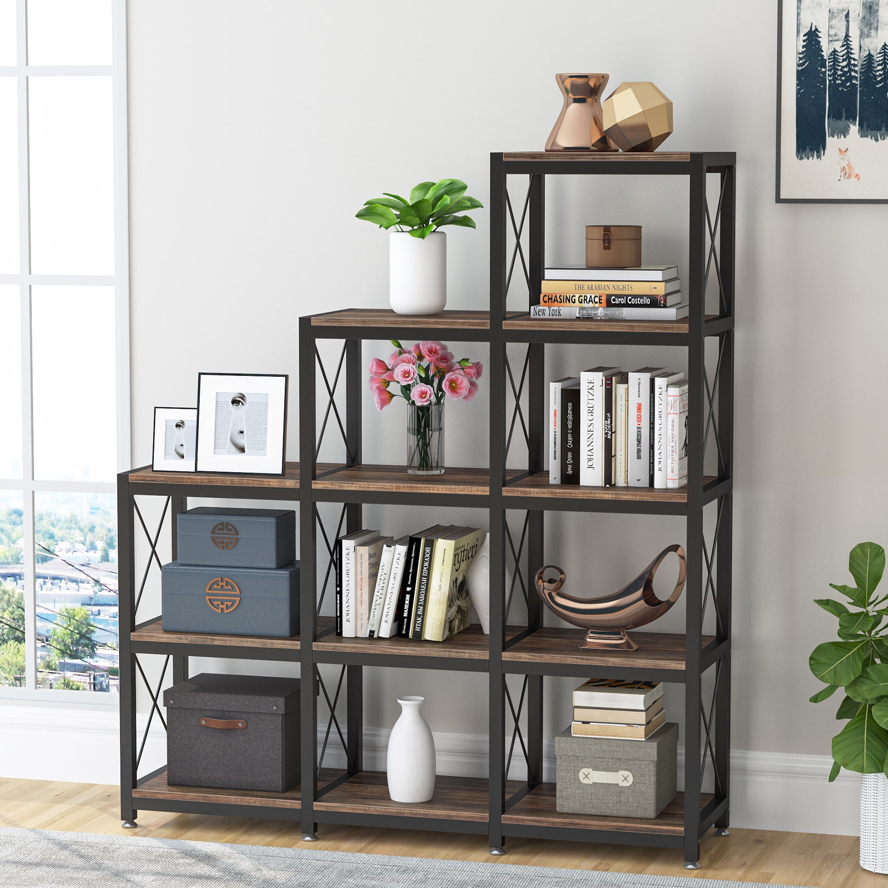 Tribesigns 5-Tier Open Book Shelves, 12-Shelf Metal Industrial Step ...