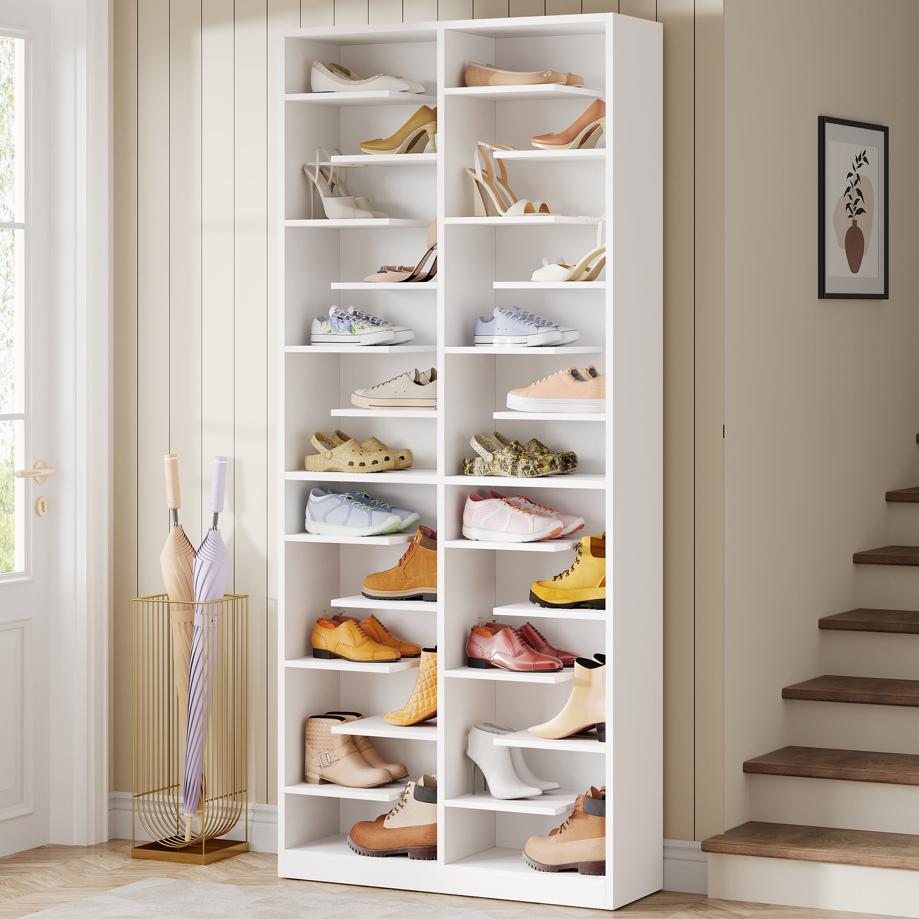 Tribesigns 13-Tier Tall Shoe Storage Cabinet, White Wooden Shoe Rack ...