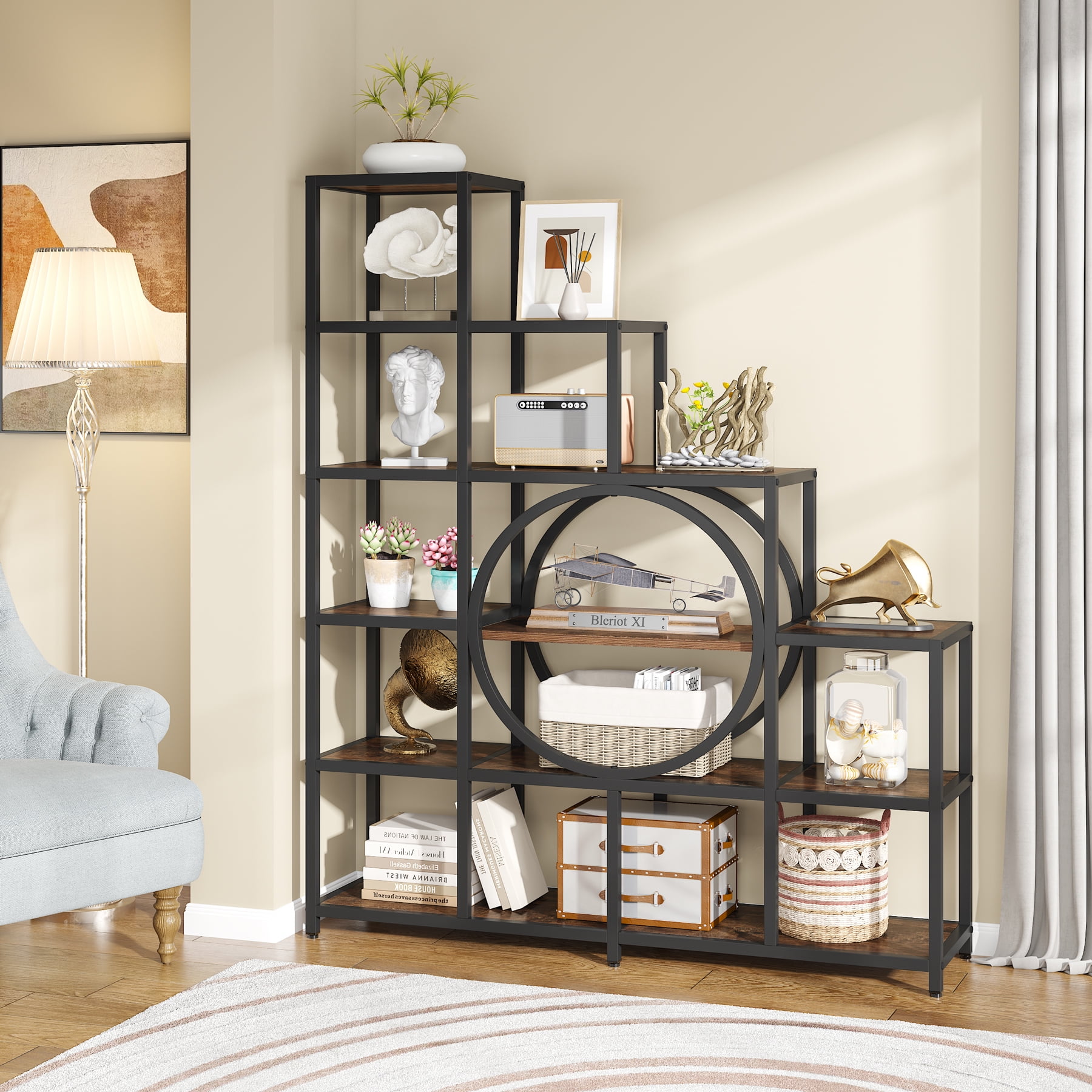 Tribesigns 16-Tiered Metal & Wood Bookshelf, Industrial Ladder Corner ...