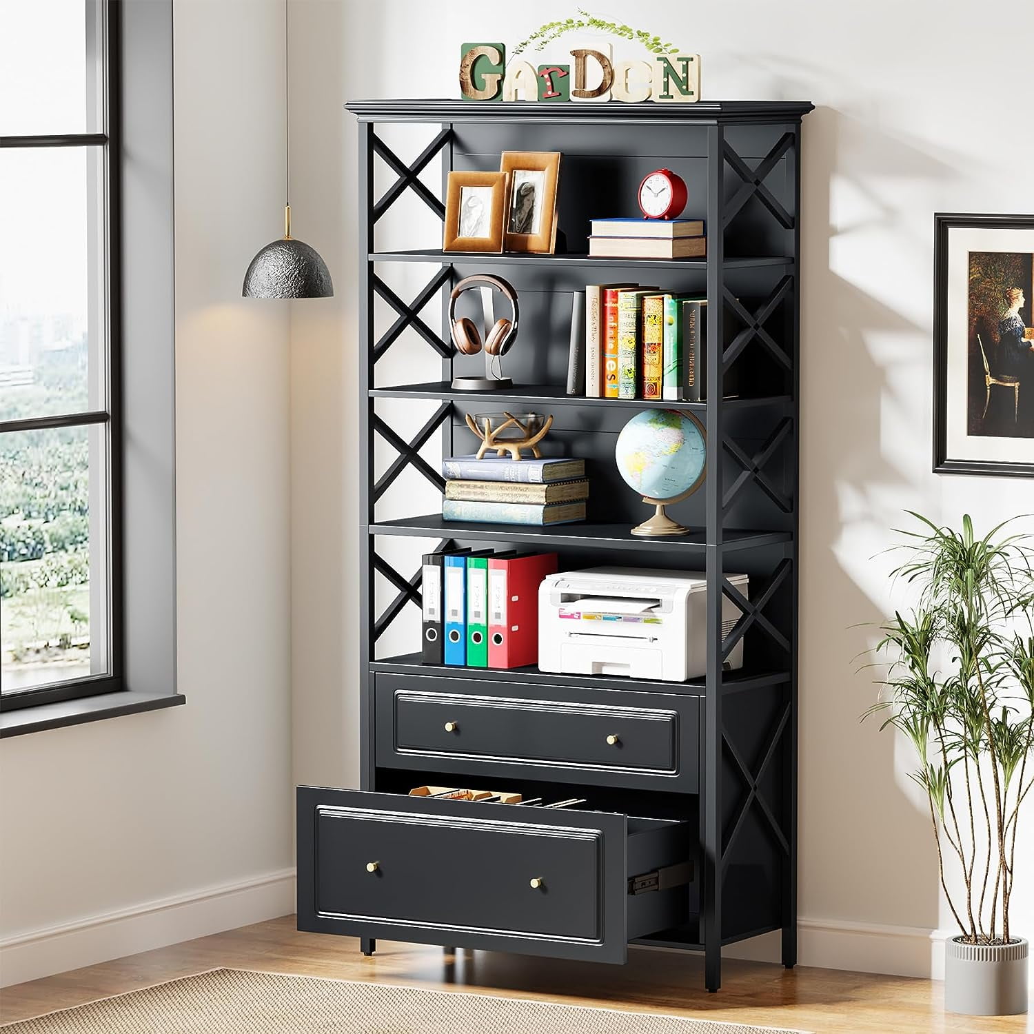 Tribesigns 2 Drawer File Cabinet with Bookshelf Tall Vertical Filling Cabinet for Letter Legal A4 Size File Printer Stand with Storage Shelves Home