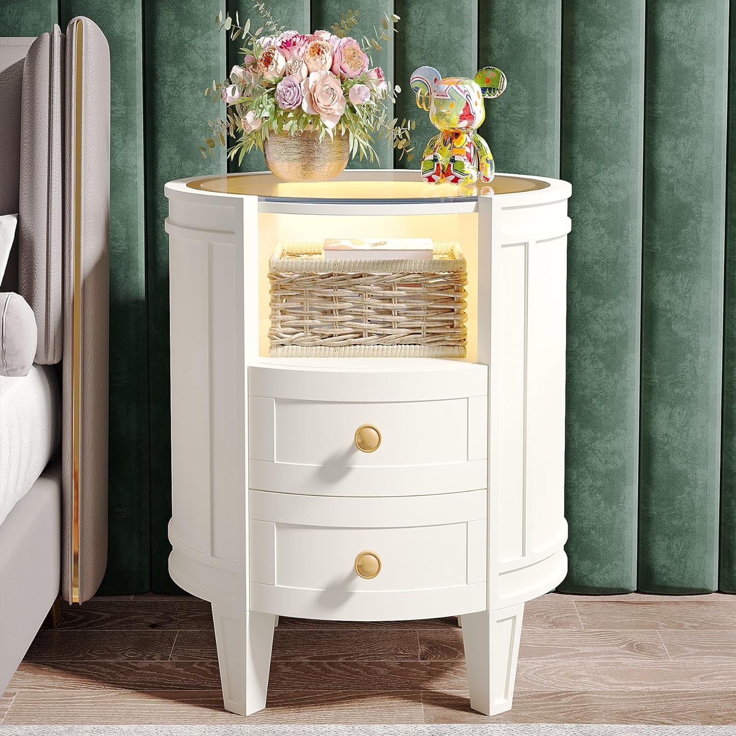 Tribesigns 2-Drawer Nightstand with LED Light, Modern Oval Nightstand ...