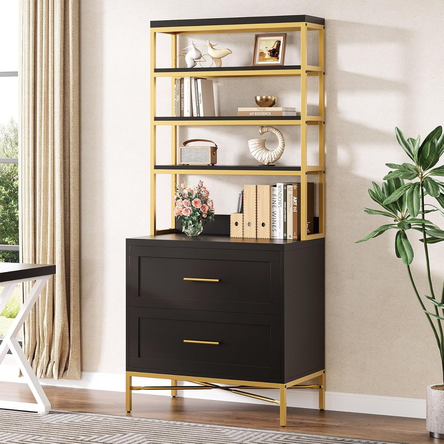 Tribesigns 2 Drawer Vertical File Cabinet and Bookshelf Combo Spacious Wood Filing Cabinet Fits Letter A4 Legal Size Modern 4 Tier Printer Stand with Storage Shelves Metal Handles for Home Office Walm...