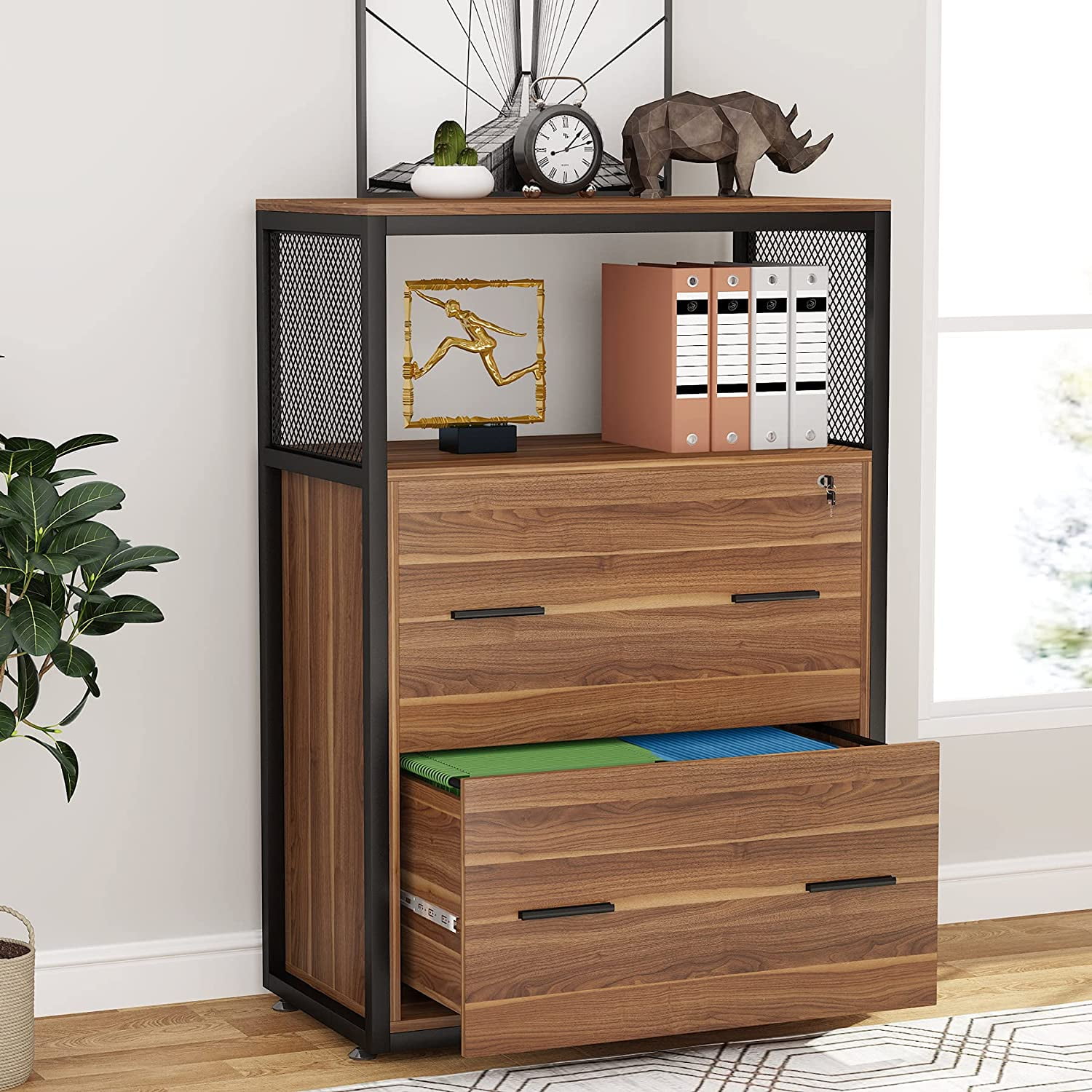 Tribesigns Walnut Wood, 2 Drawers Lateral Filing Cabinet, Storage ...