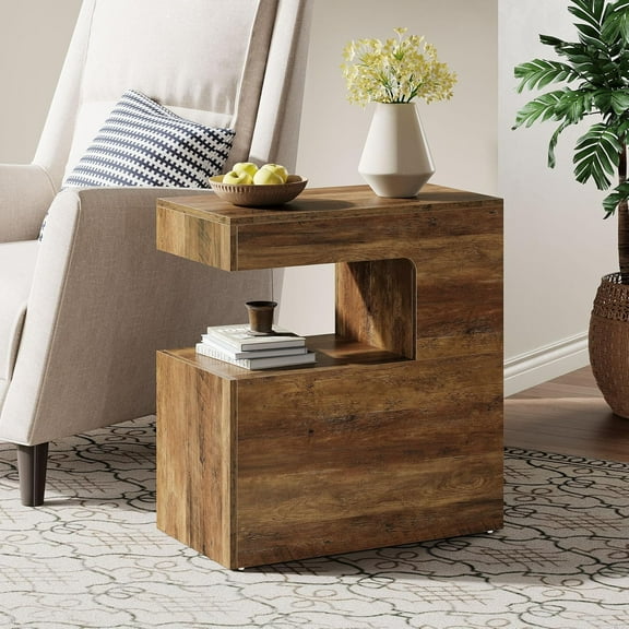 Farmhouse End Table, Wooden Side Table with 2-Tier Storage Shelf ...