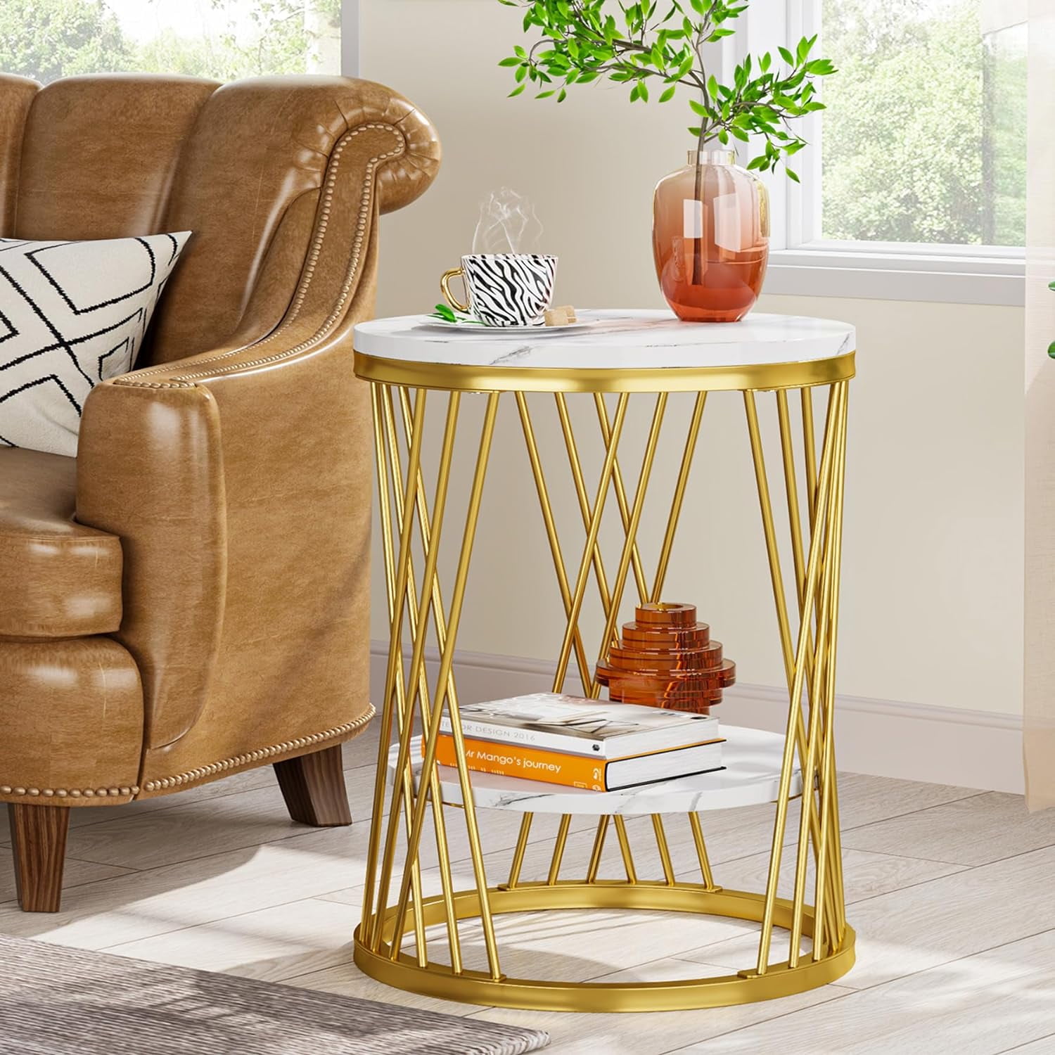 Tribesigns 2-Tier Modern Side Table with Faux Marble Shelves and White ...