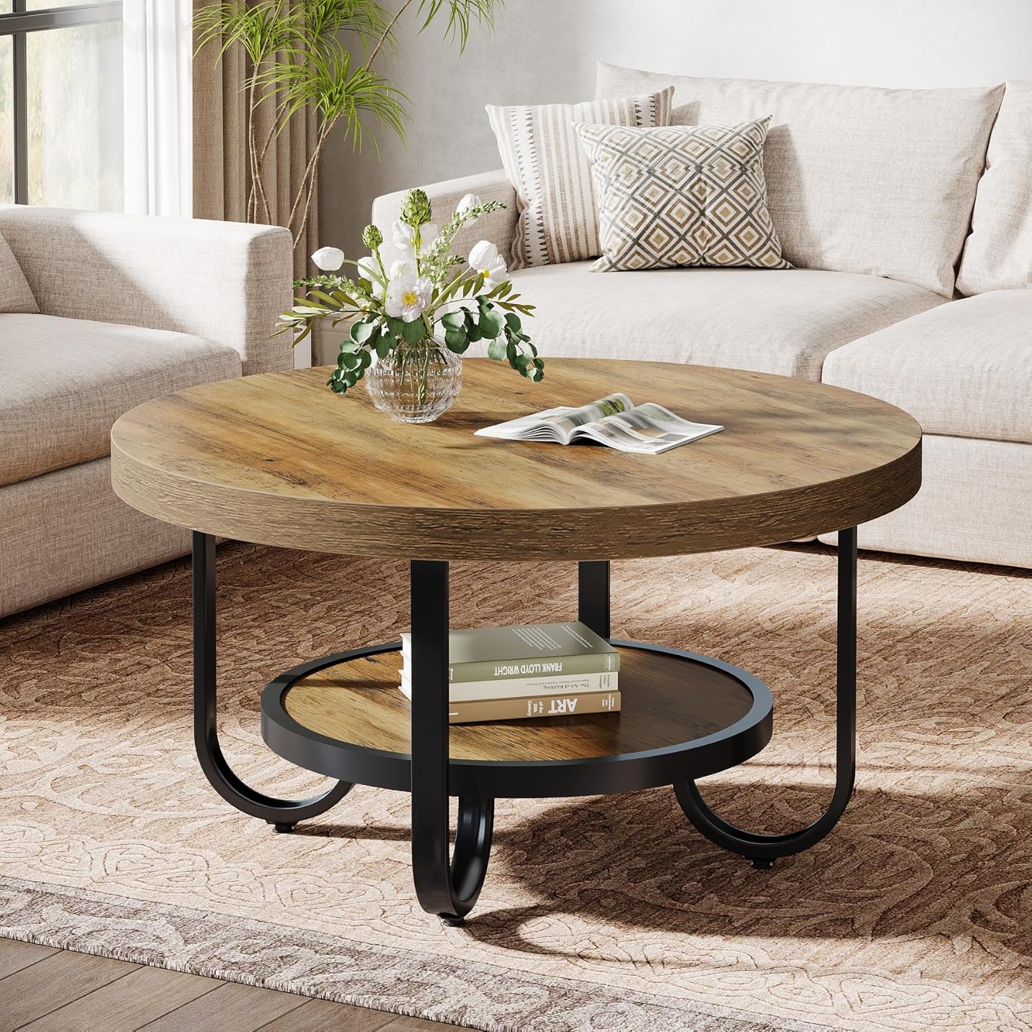Finmind 2-Tier Round Coffee Table, 31.1-Inch Industrial Center Table ...
