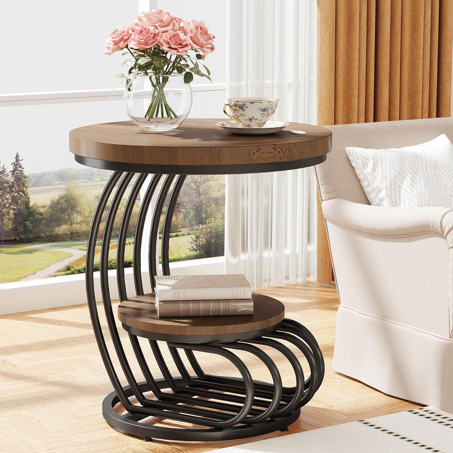 Finmind 2-Tier Round End Table, Wood Side Table with Storage Shelf, Arc-Shaped Metal Frame ...