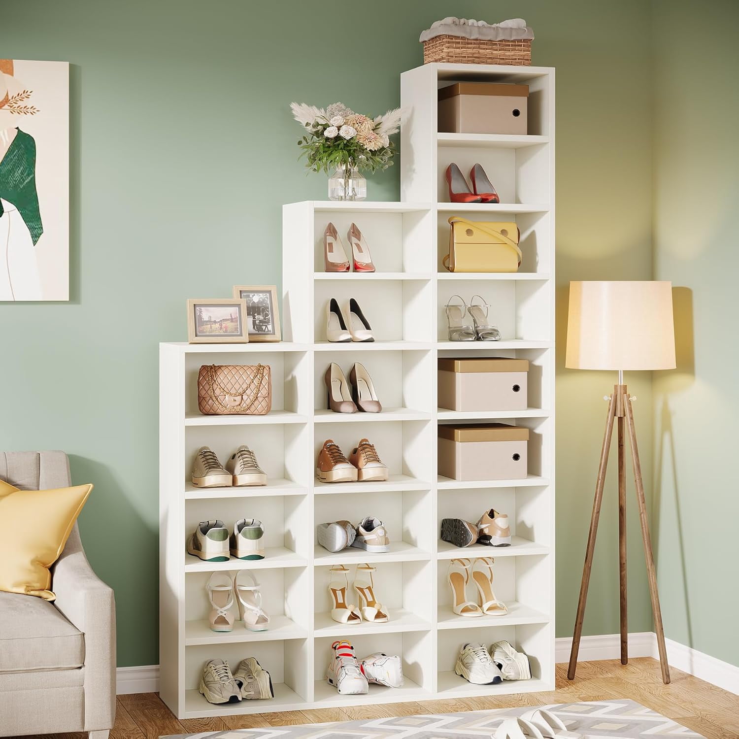 Tribesigns 21 Cubbies Shoe Storage Cabinet, 9 Tiers White Wooden Shoe ...