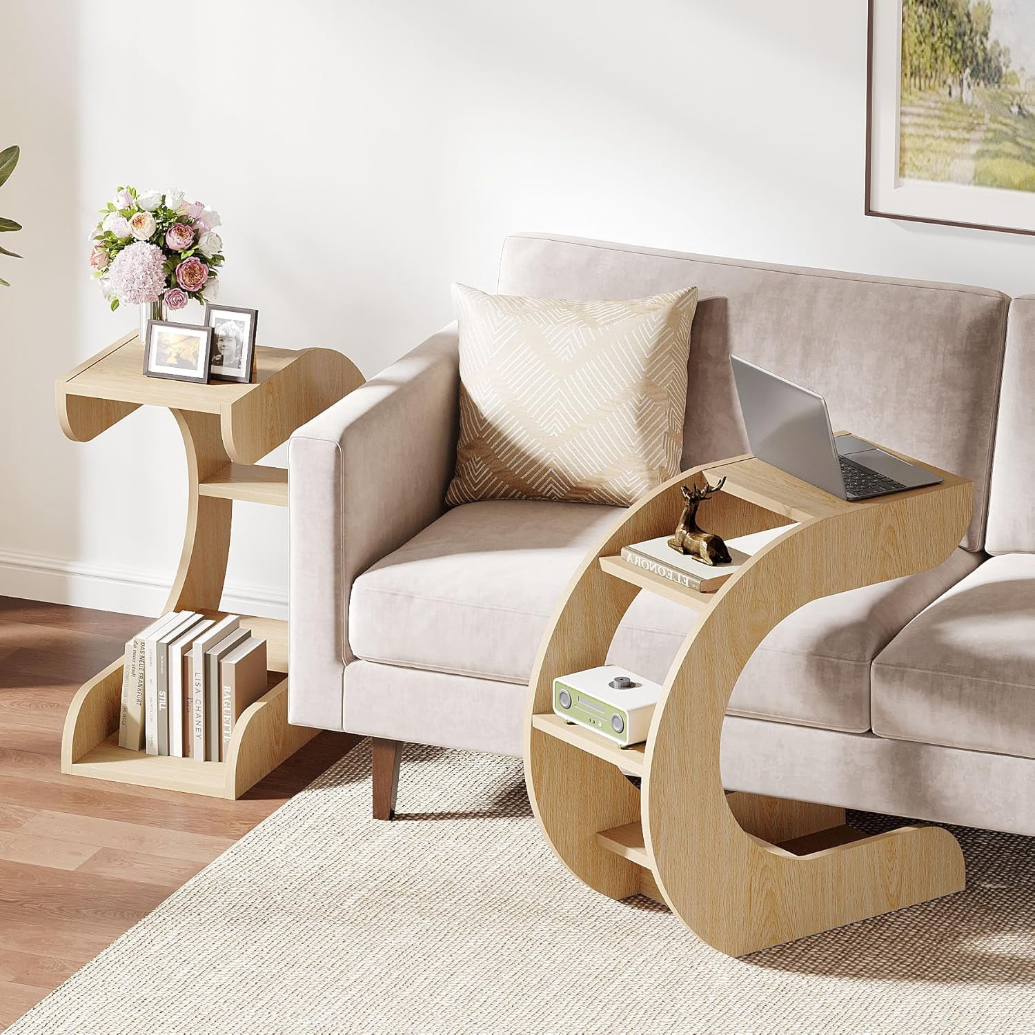 Tribesigns 2PCS C-Shaped Table for Couch, Small 4-Tier End Tables with ...