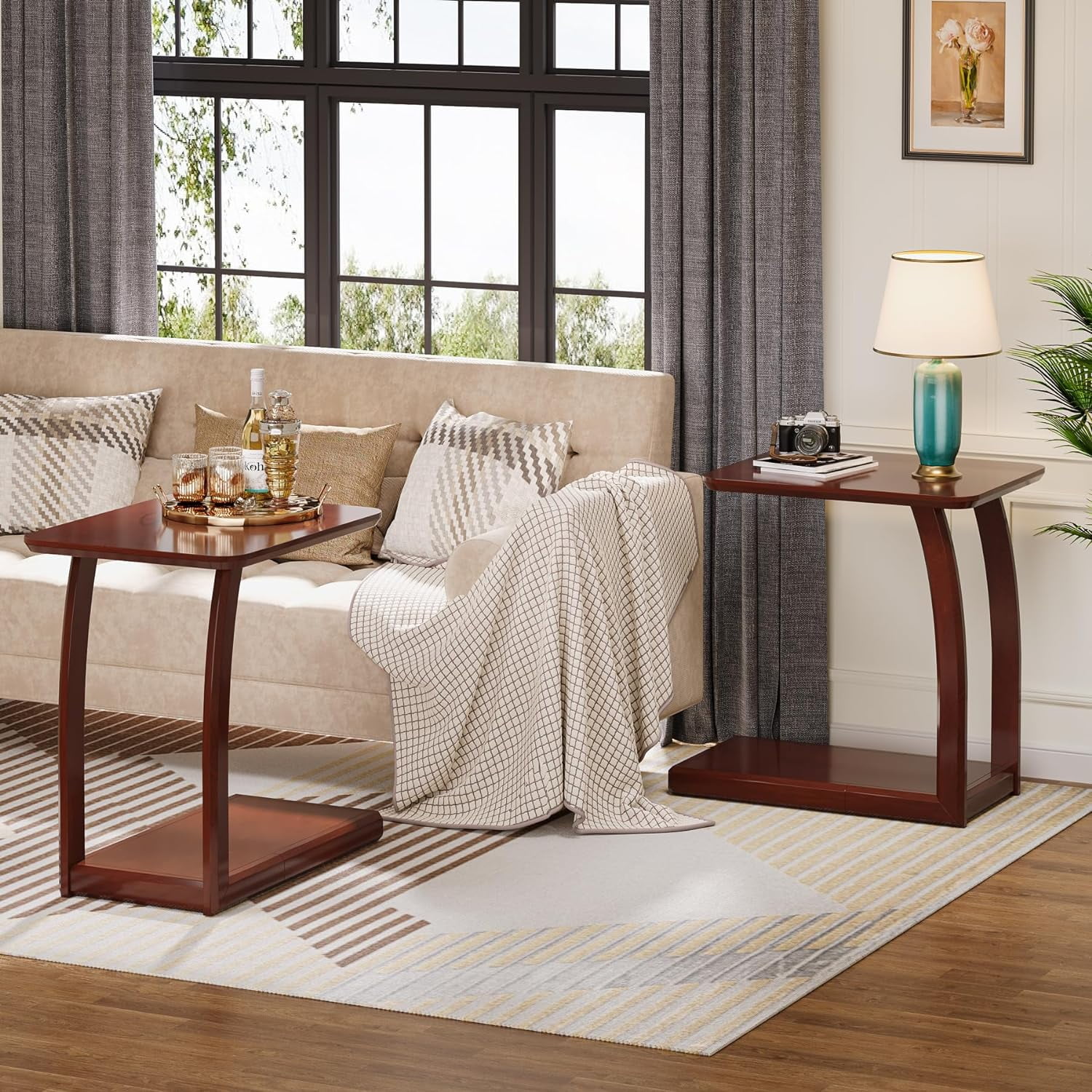 Tribesigns 2PCS Solid Wood End Side Table Living Room, 2-Tier C-Shaped ...