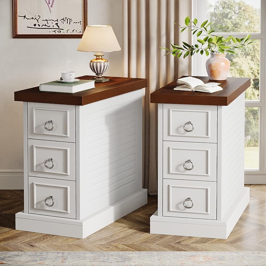 Tribesigns 3-Drawer End Table Set of 2, Farmhouse Sofa Side Table with Metal Ring Pulls ...