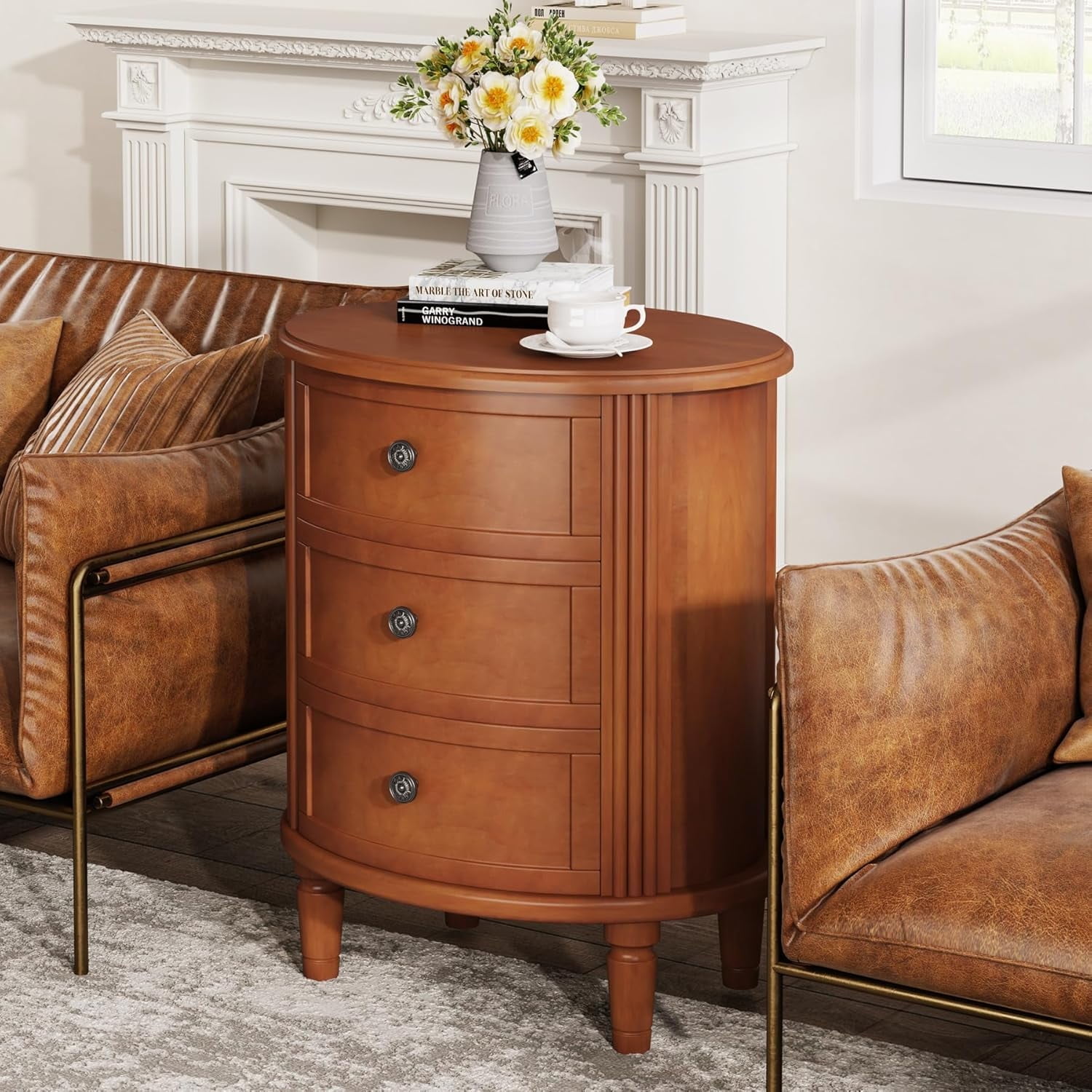 Finmind 3-Drawer Nightstand, Fully Assembled Oval Bedside Table with ...