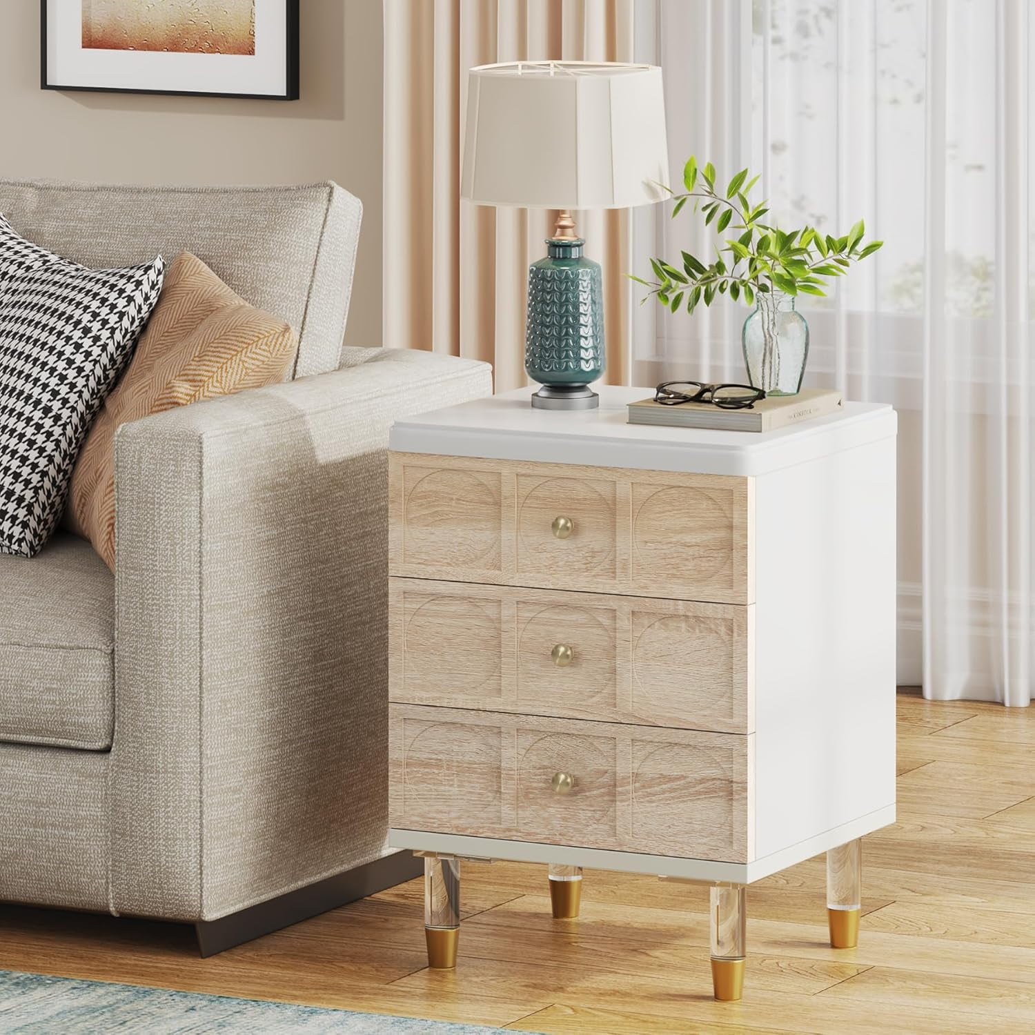 Tribesigns 3-Drawer Nightstand, White & Light Brown Nightstand, Bedside ...