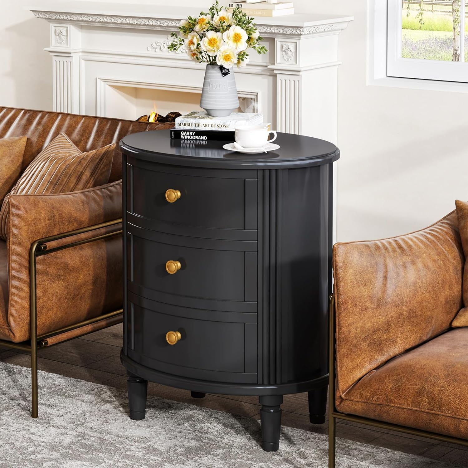 Tribesigns 3-Drawer Nightstands, Oval Bed Side Table for Bedroom, No ...