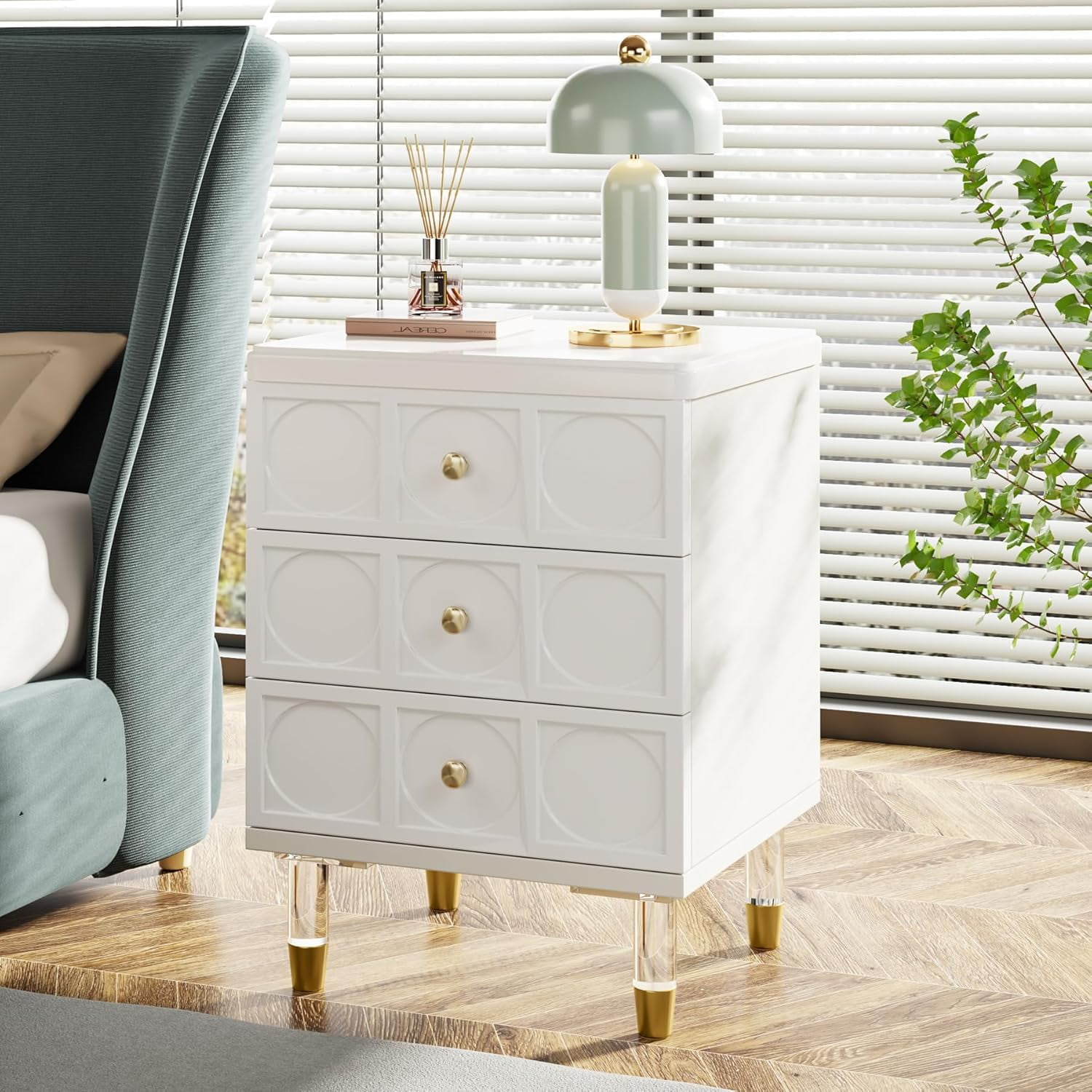Tribesigns 3 Drawers Nightstand White Gold Bedside Table, Bedroom Tall ...
