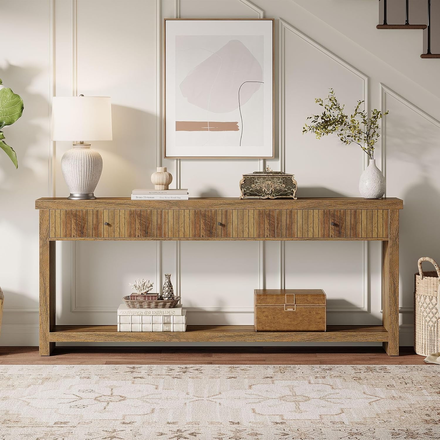Tribesigns 3 Drawers Wood Console Table, 70.9 inch Entryway Table Oak ...