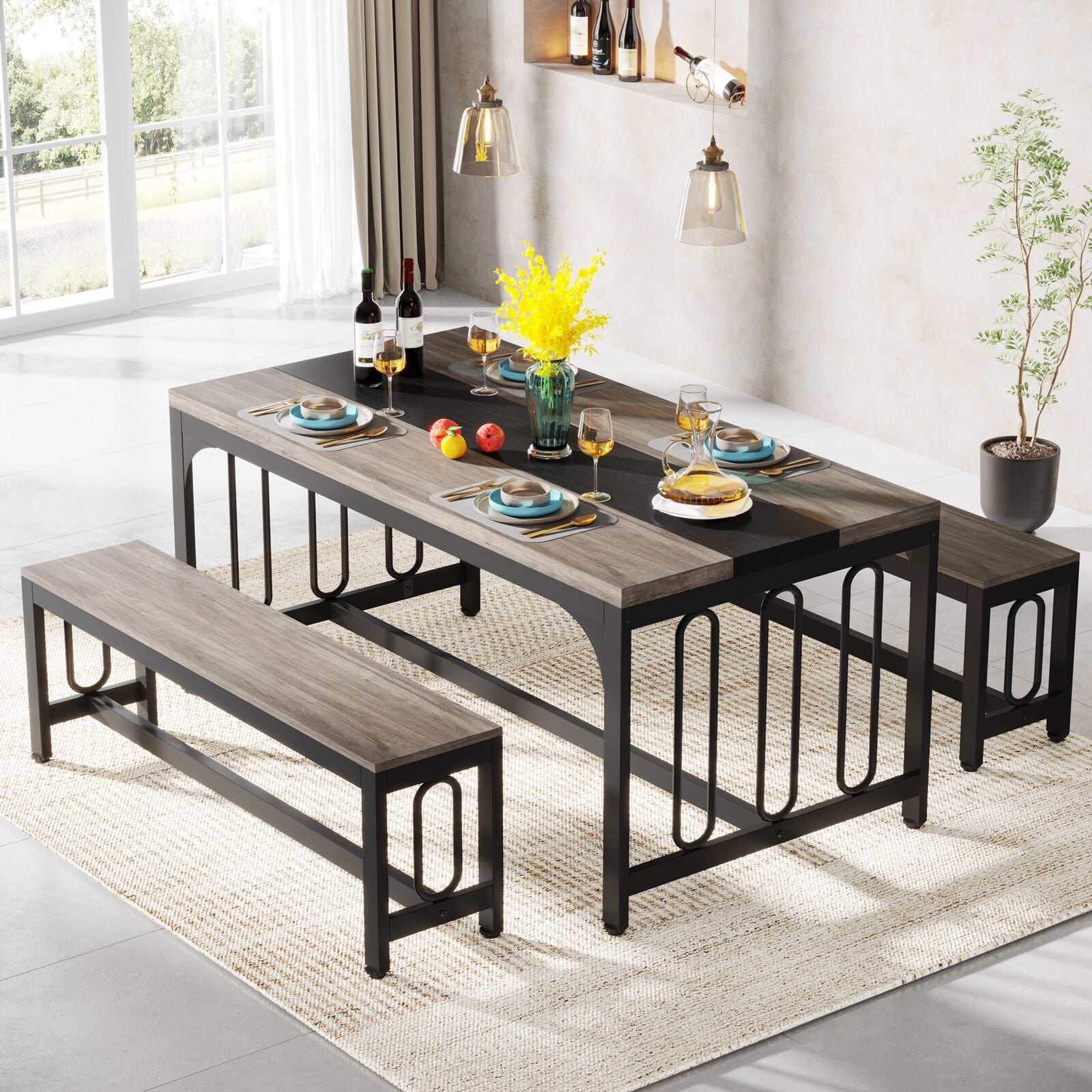 Tribesigns 3 Piece Dining Set for 4 to 6, 55" Rectangle Kitchen Dining ...