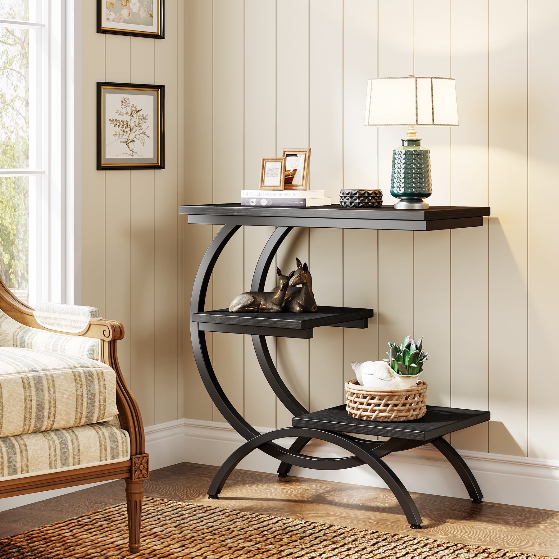Finmind 3-Tier Industrial Style C-Shaped End Table, Compact Side Table ...