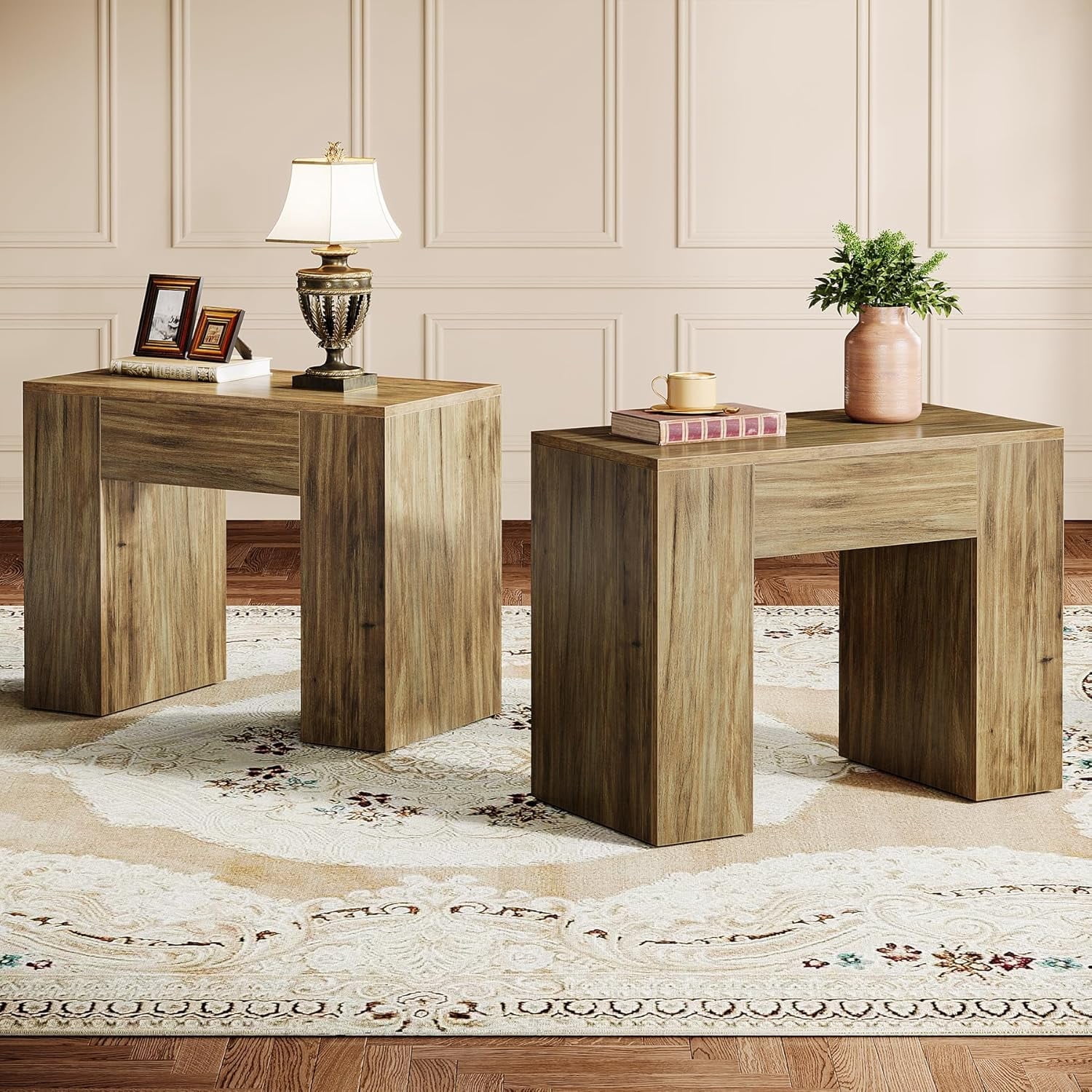 Finmind 31.5" Farmhouse End Table Set of 2, Mid-Century Sofa Side Table ...