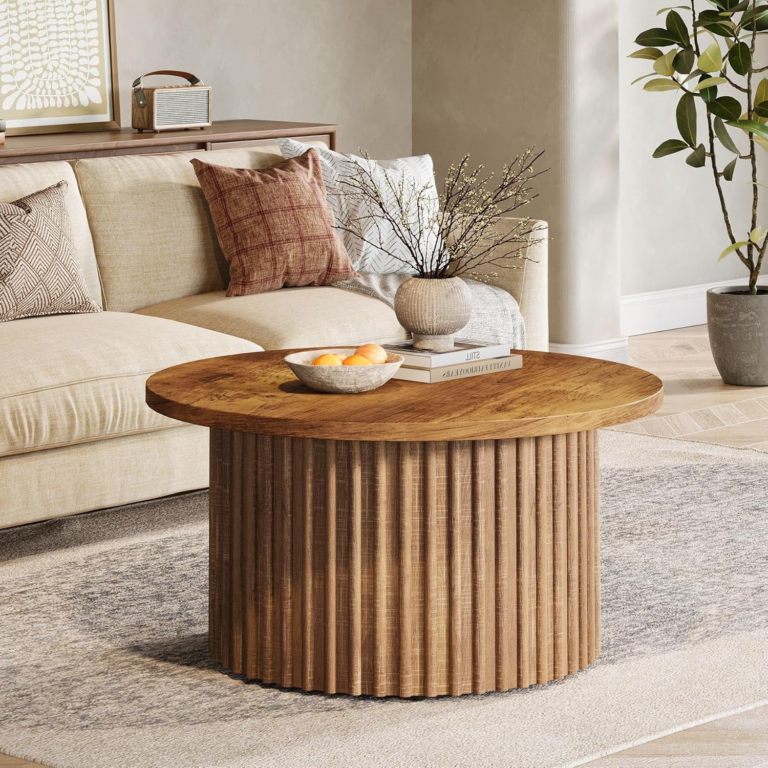 Finmind 31.5" Round Coffee Table, Farmhouse Circle Coffee Table with ...
