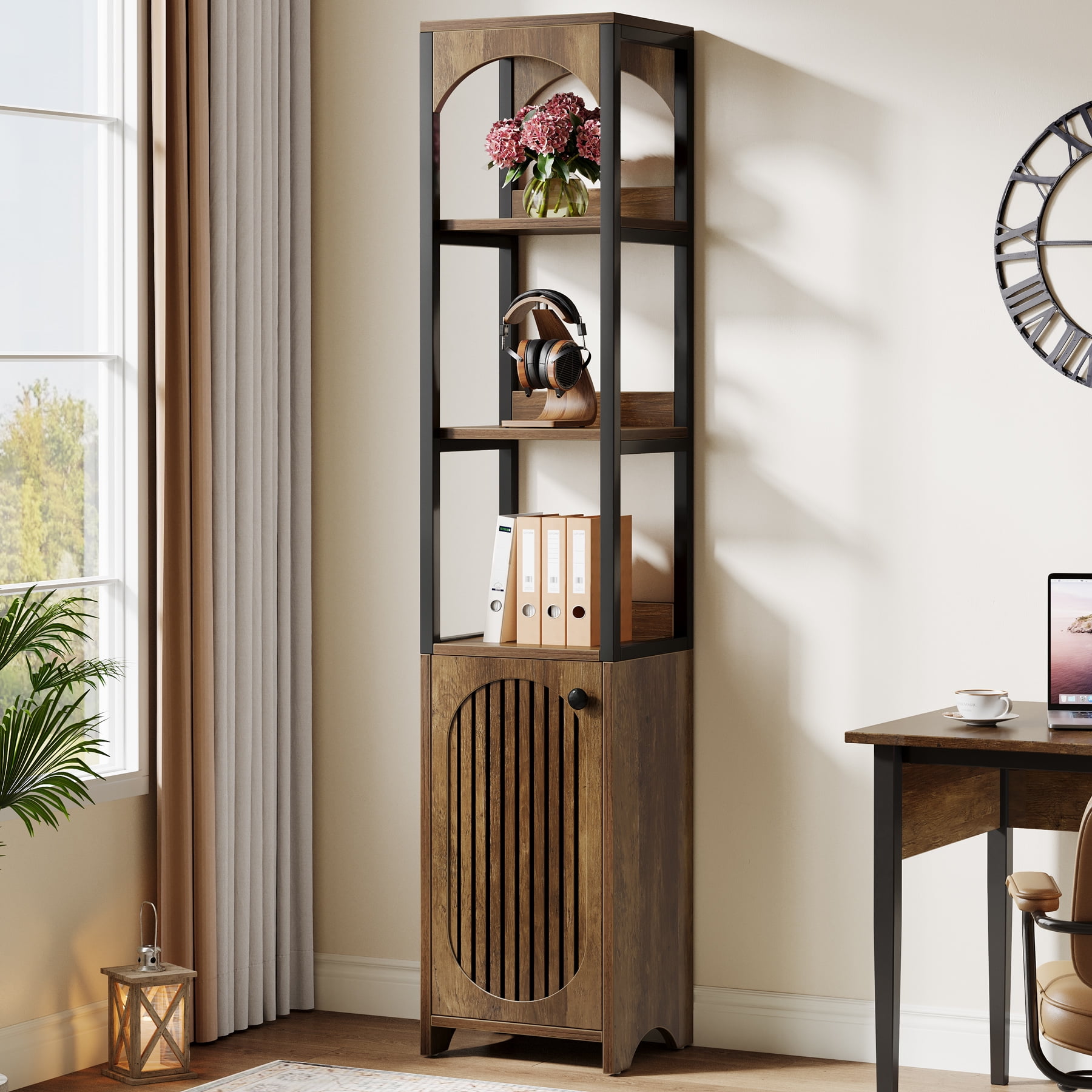 Finmind 6-Tier Narrow Bookcase with Louvered Door Cabinet, 70.87" Tall ...