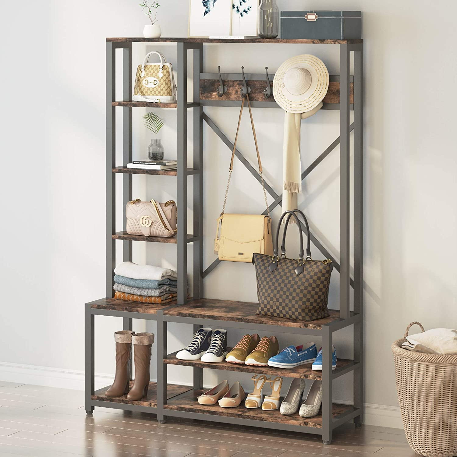Tribesigns 4-in-1 Entryway Hall Tree with Side Storage Shelves, Rustic ...