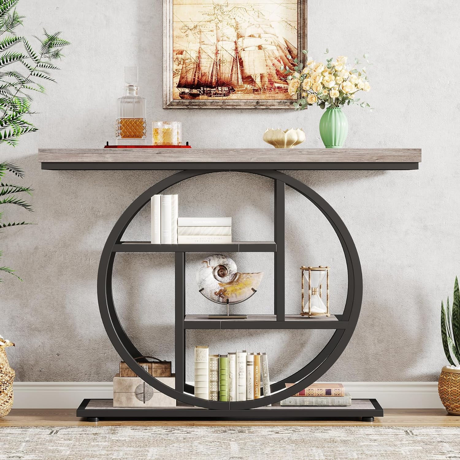 "Tribesigns Industrial 4-Tier Console Table, Gray, 41.3"" with Circle ...