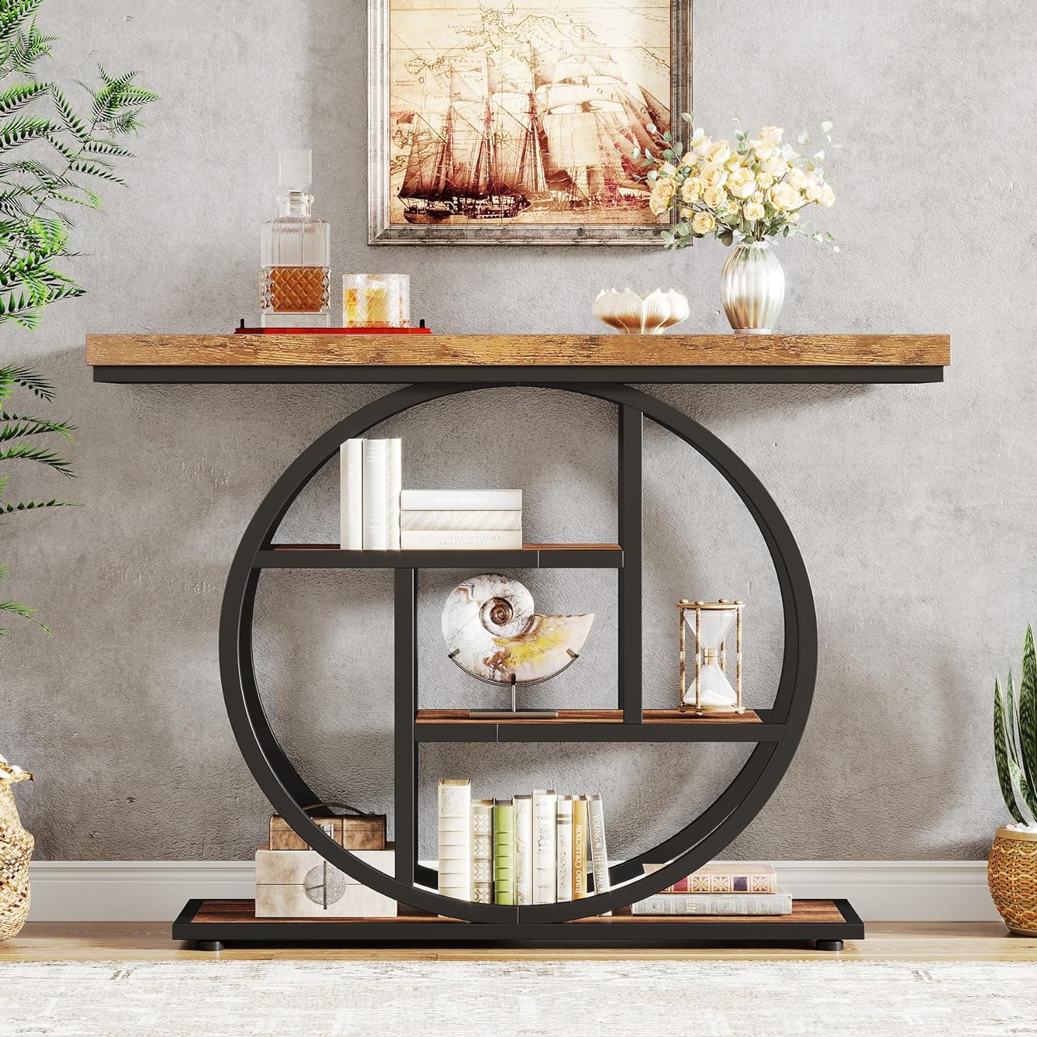 Tribesigns 41.3 Industrial 4 Tier Console Table Sofa Table with Circle Base Gray