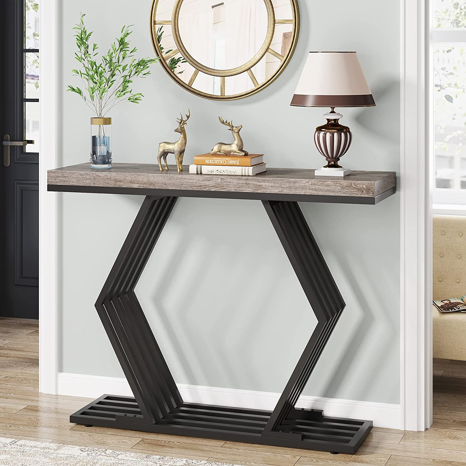 Tribesigns 42 inches Farmhouse Grey Console Table with Geometric Metal ...