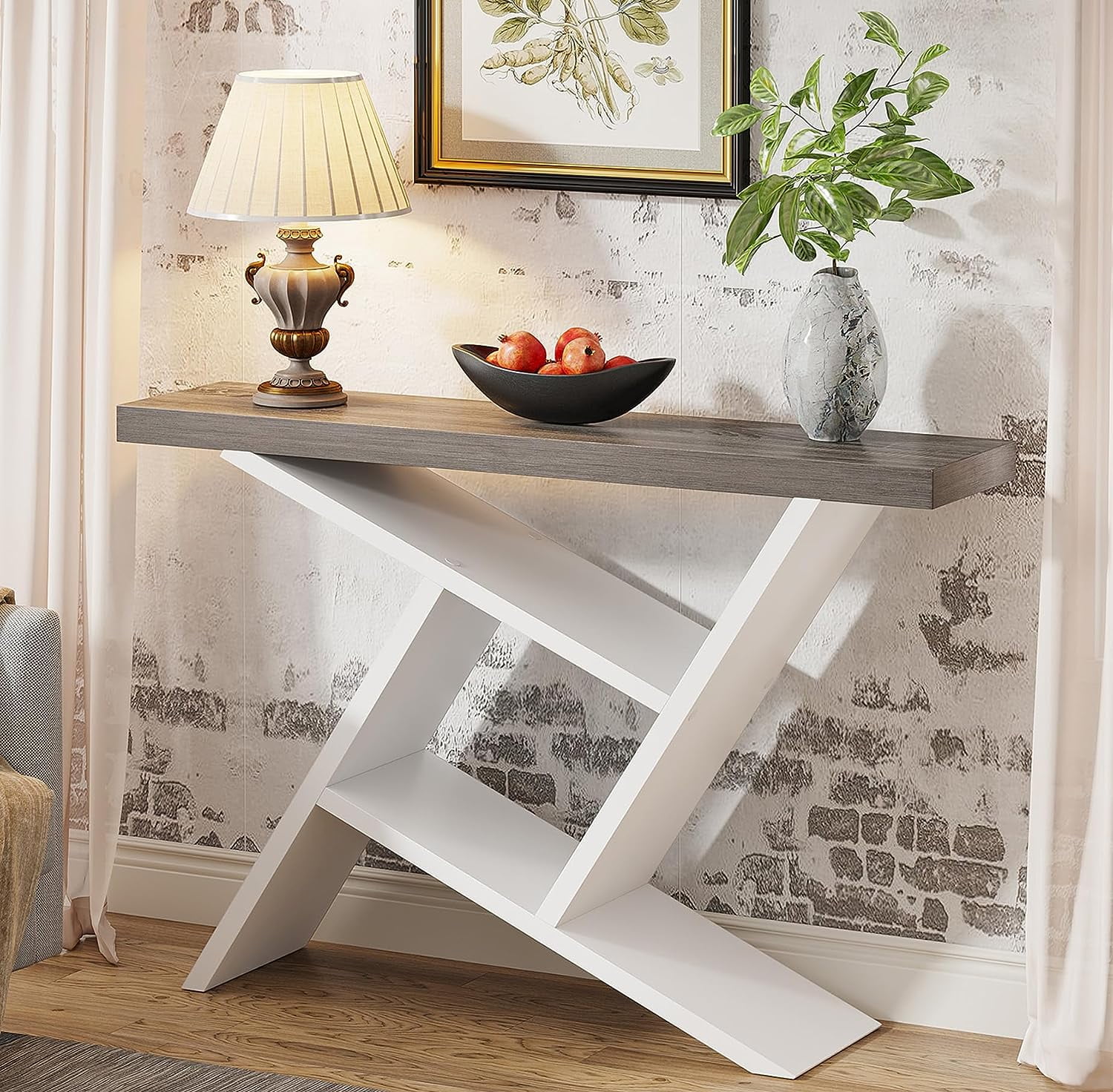 Tribesigns 42 inches Farmhouse Grey Console Table with Geometric Wood ...
