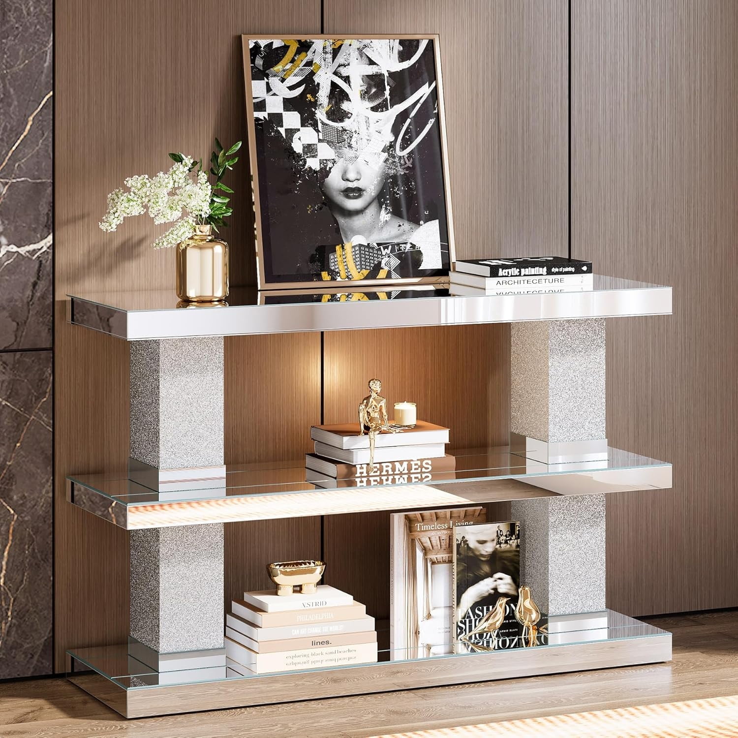 Finmind 46” Silver Mirrored Console Table, 3-Tier Entryway Table with Storage, Hallway, Living ...