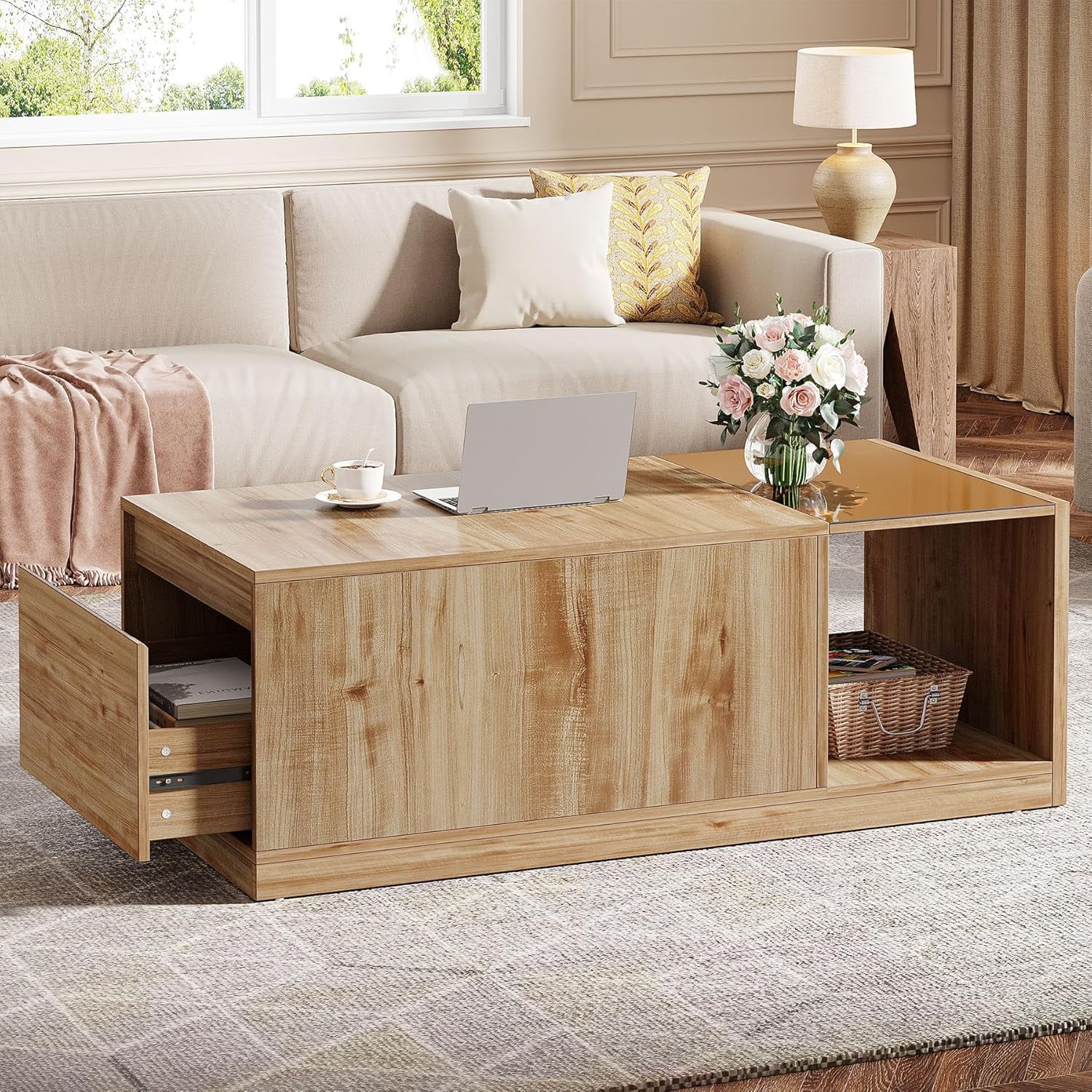 Tribesigns 47.24-Inch Coffee Table with Drawer & Storage Shelf ...