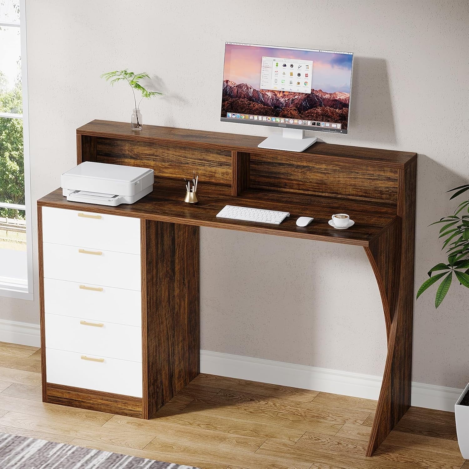 Tribesigns 47" Computer Desk with 5 Drawers, Wooden Home Office Desk ...