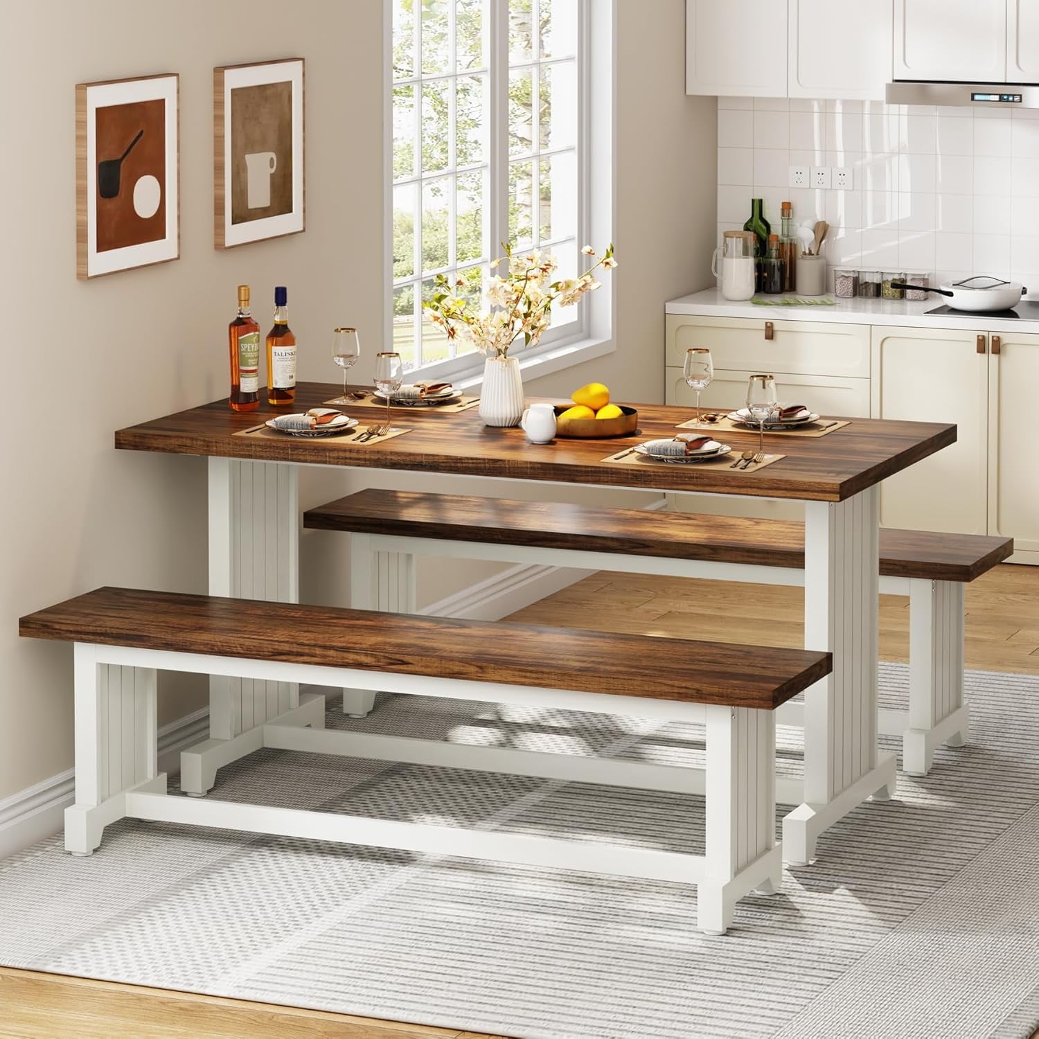 Tribesigns 47" Modern Kitchen Room Table Set, 3-Piece Wood Dinner Table ...