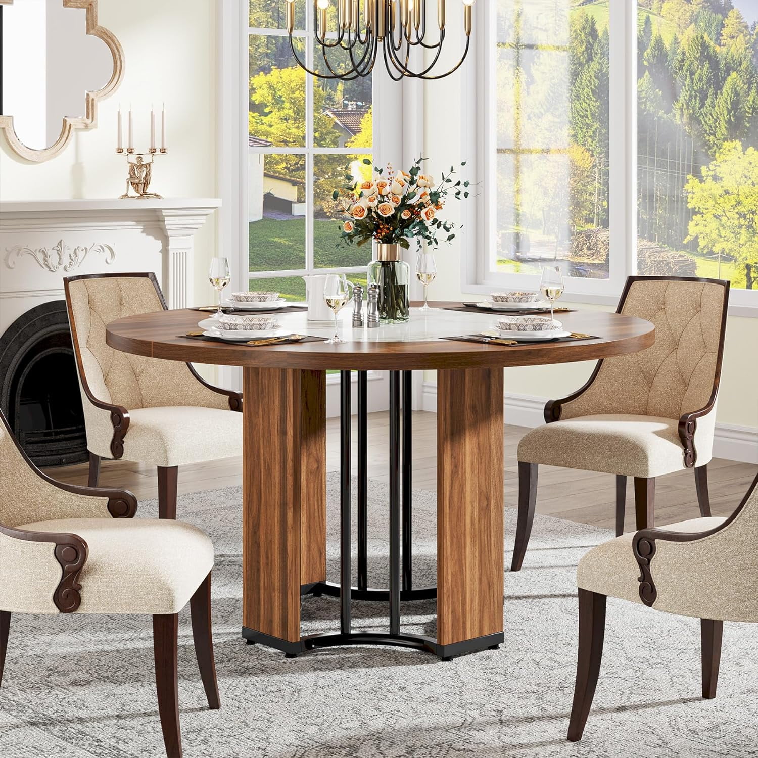 Tribesigns 47" Walnut Round Dining Table for 4 - Traditional Wood ...