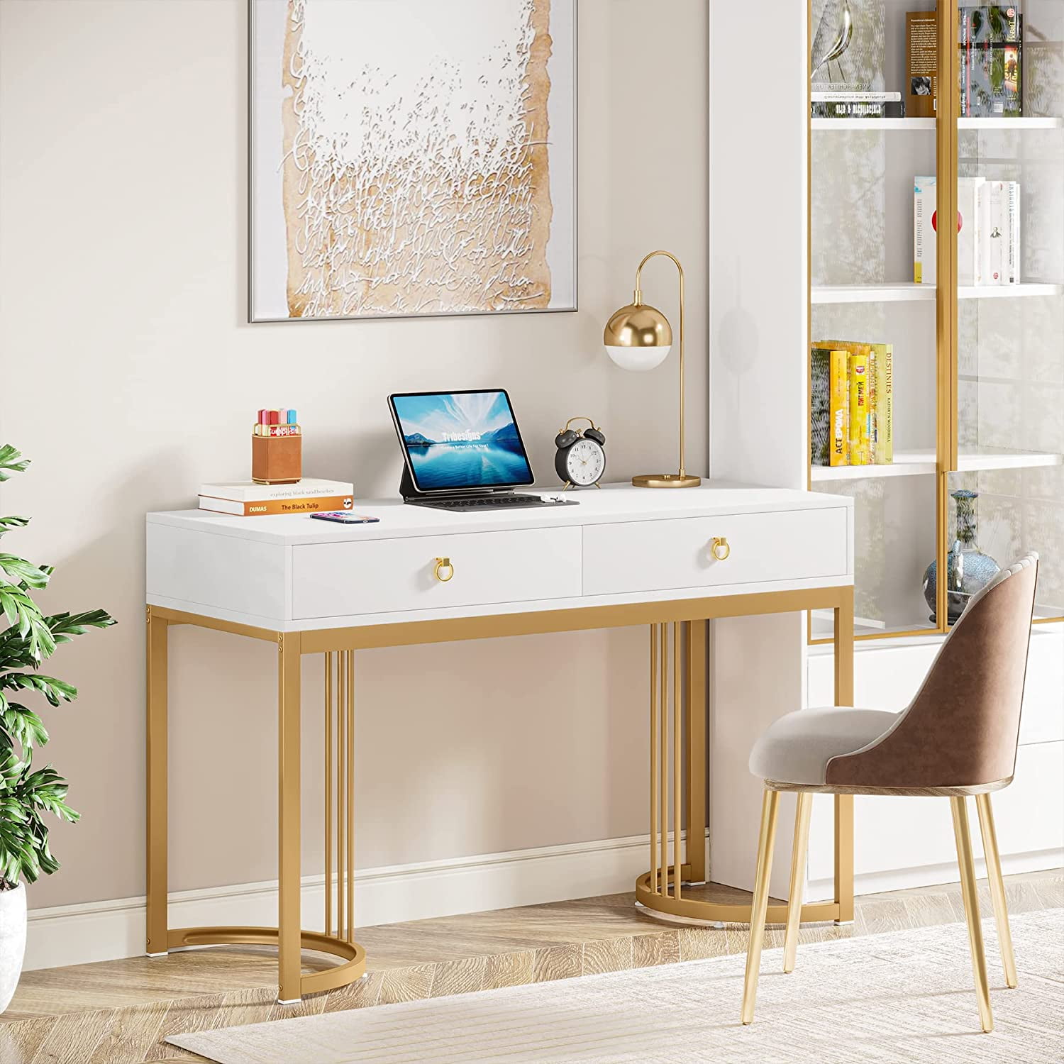 Tribesigns 47 inch Computer Desk with 2 Drawers, Modern White Vanity ...