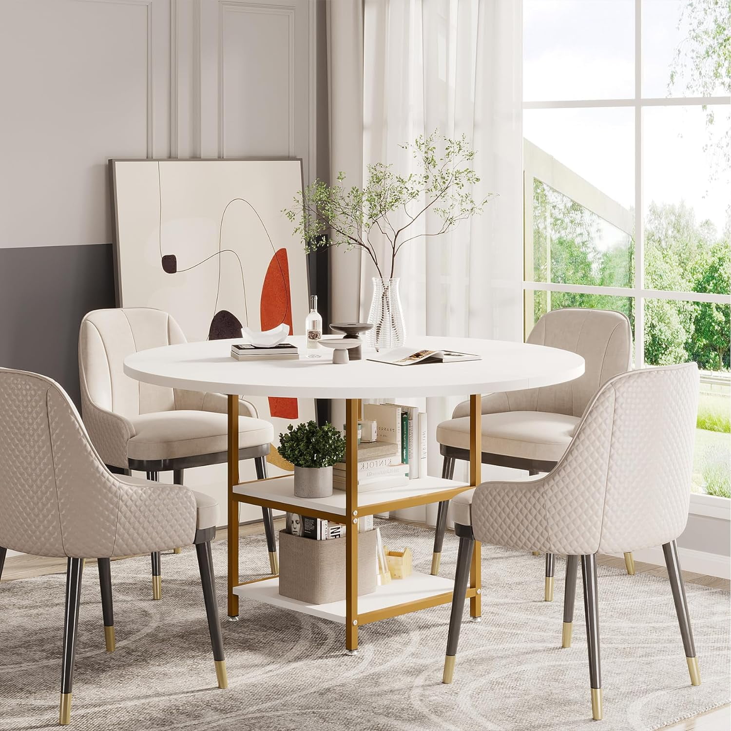 Tribesigns 47'' Round Dining Table, 4-Person, Storage Shelves, Wood ...