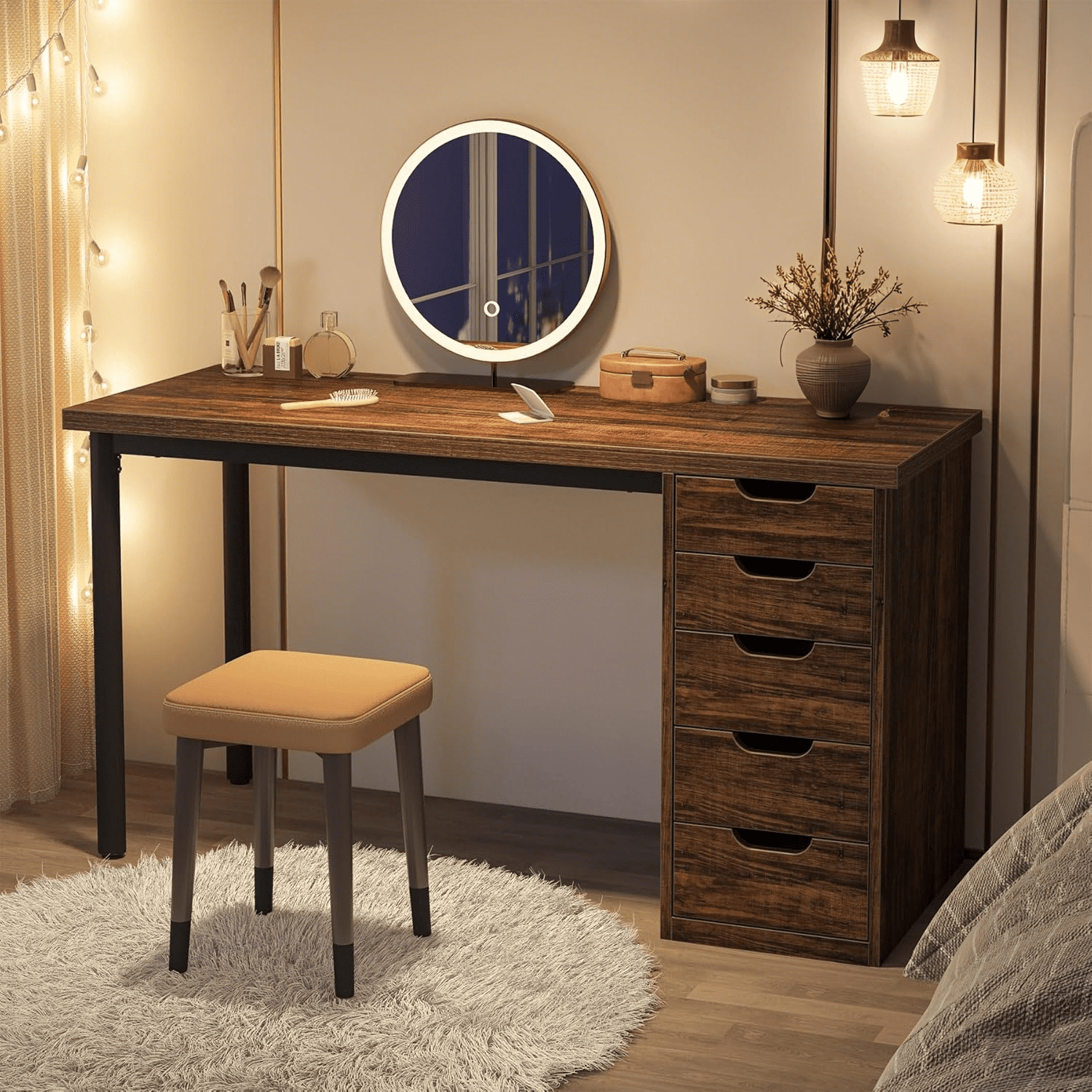 Tribesigns 47 inches Vanity Desk with 5 Drawers, Rustic Makeup Dressing ...