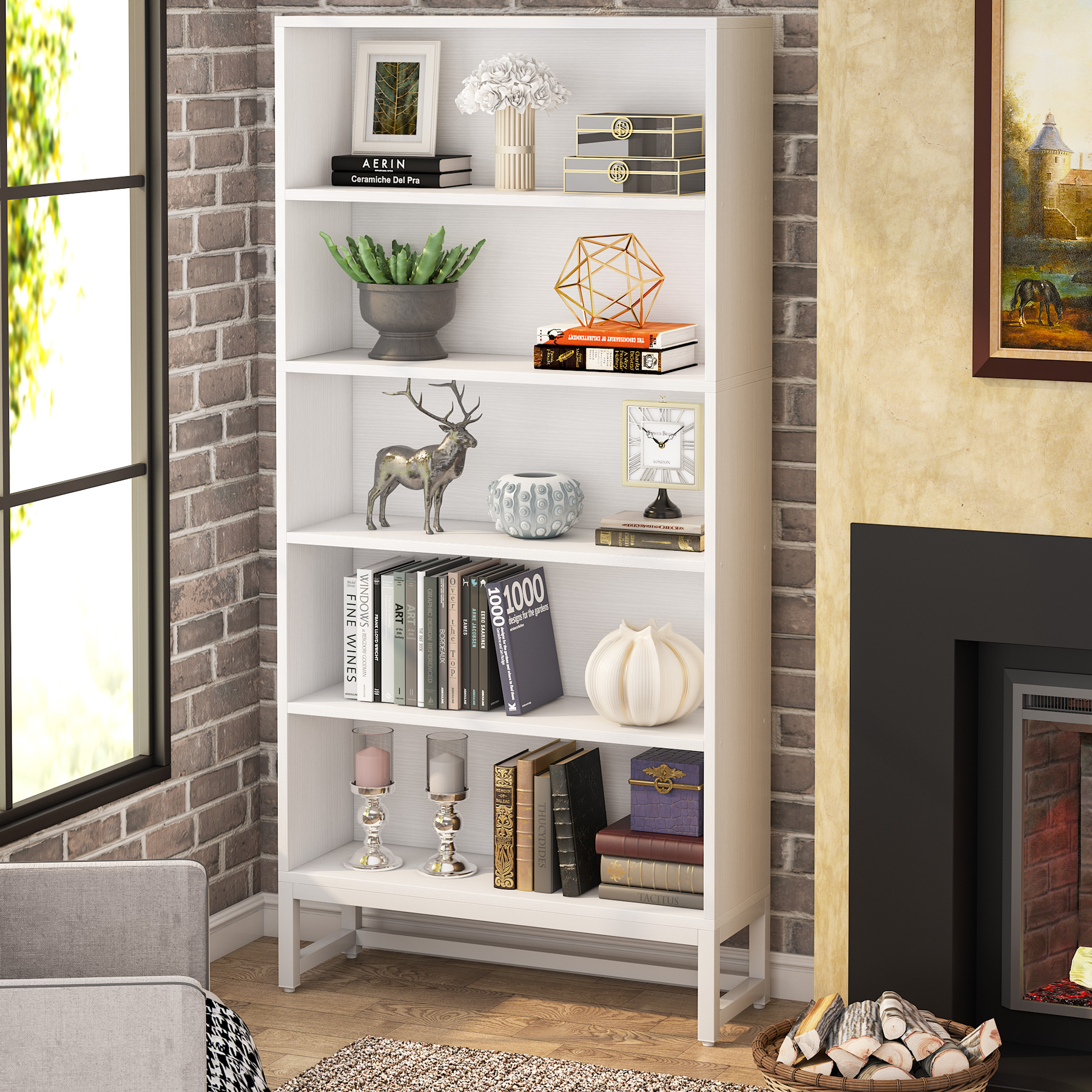 Furinno Tree Bookshelf 9-Tier Floor Standing Tree Bookcase, White ...