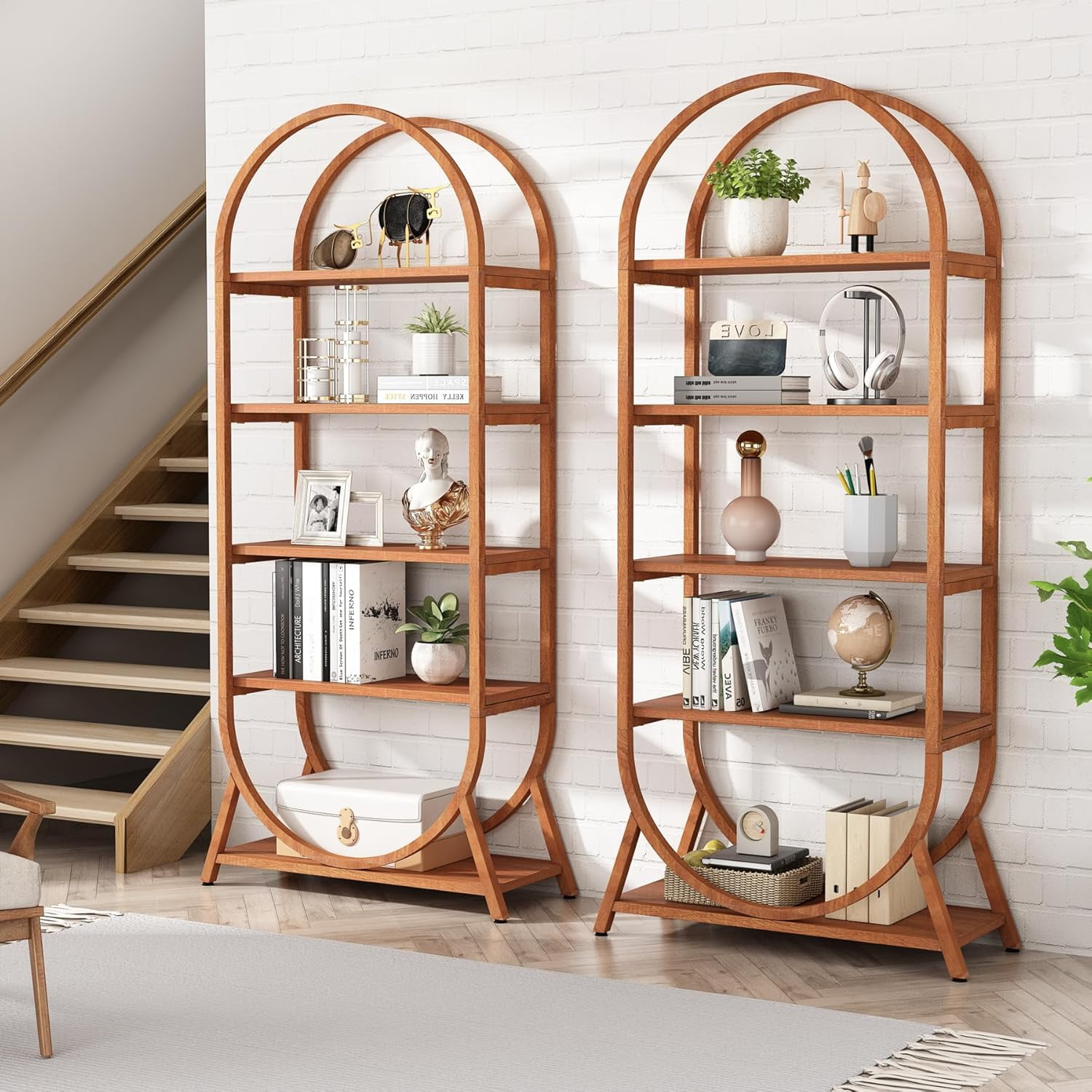 Tribesigns 5-Tier Arched Brown Bookshelf Set of 2, 70.8" Tall Open ...