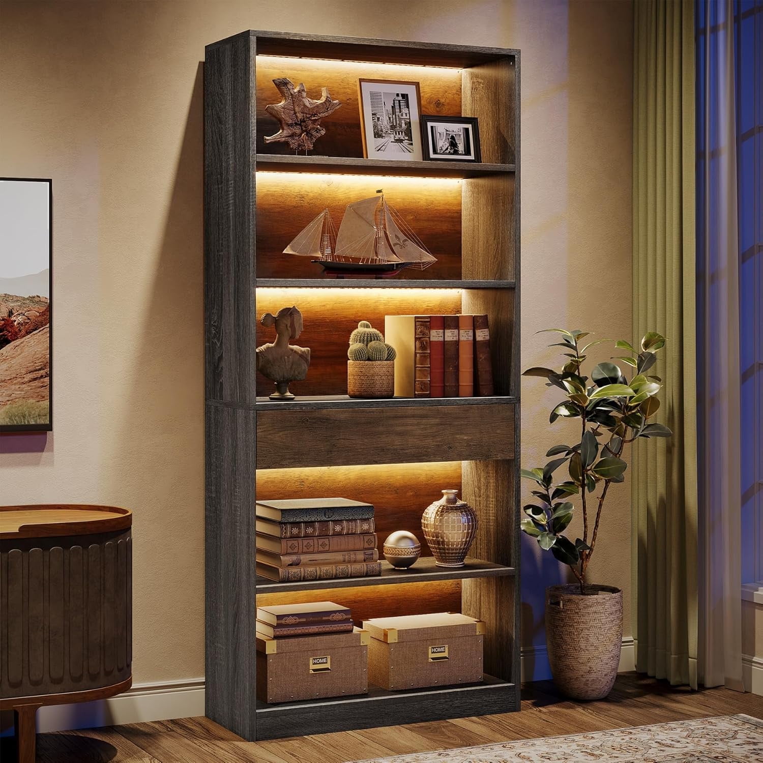 Tribesigns 5-Tier Bookcase with LED Lights, 70.9" Tall Freestanding ...