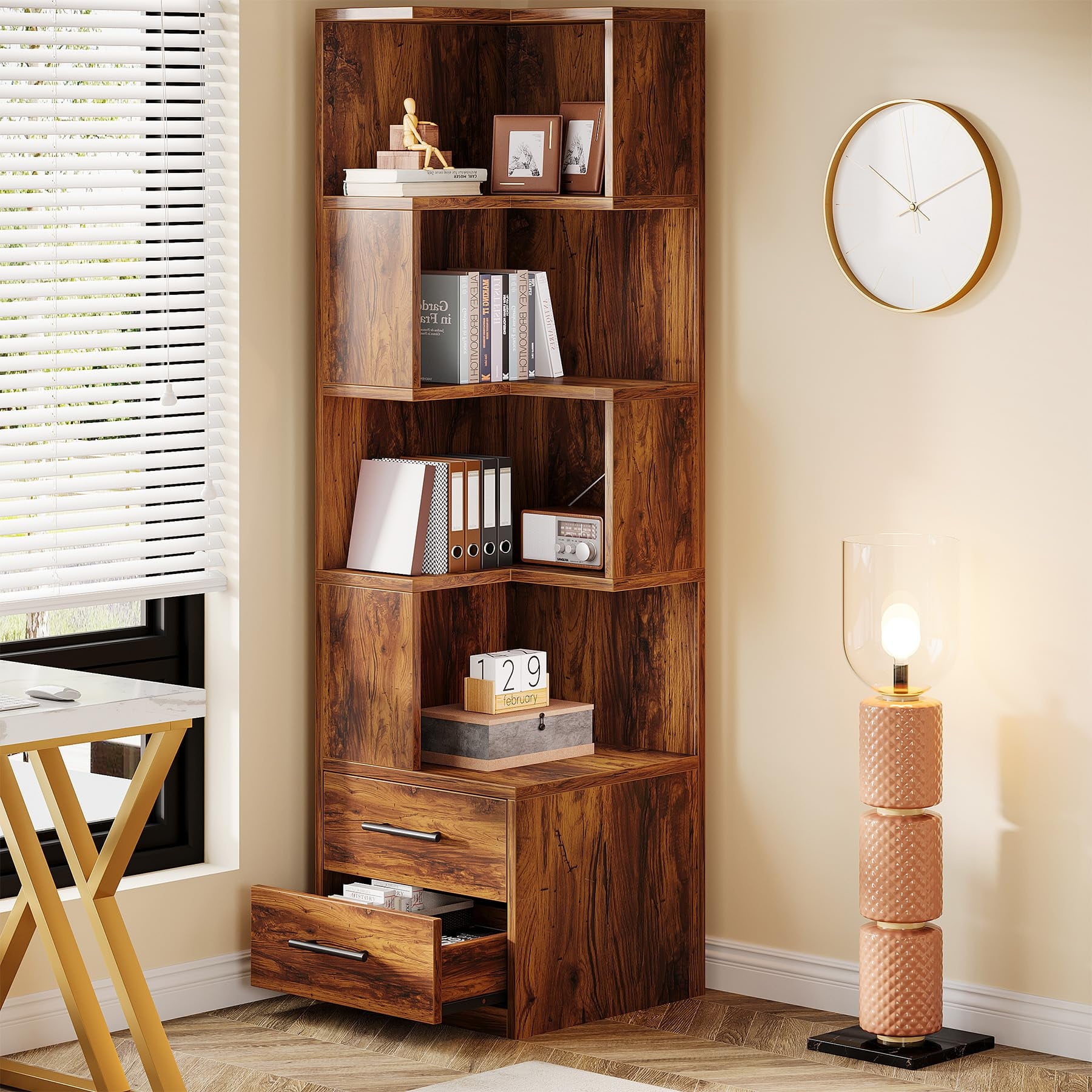 Tribesigns 5-Tier Corner Bookshelf with 2 Drawers, 66.9-Inch Tall ...