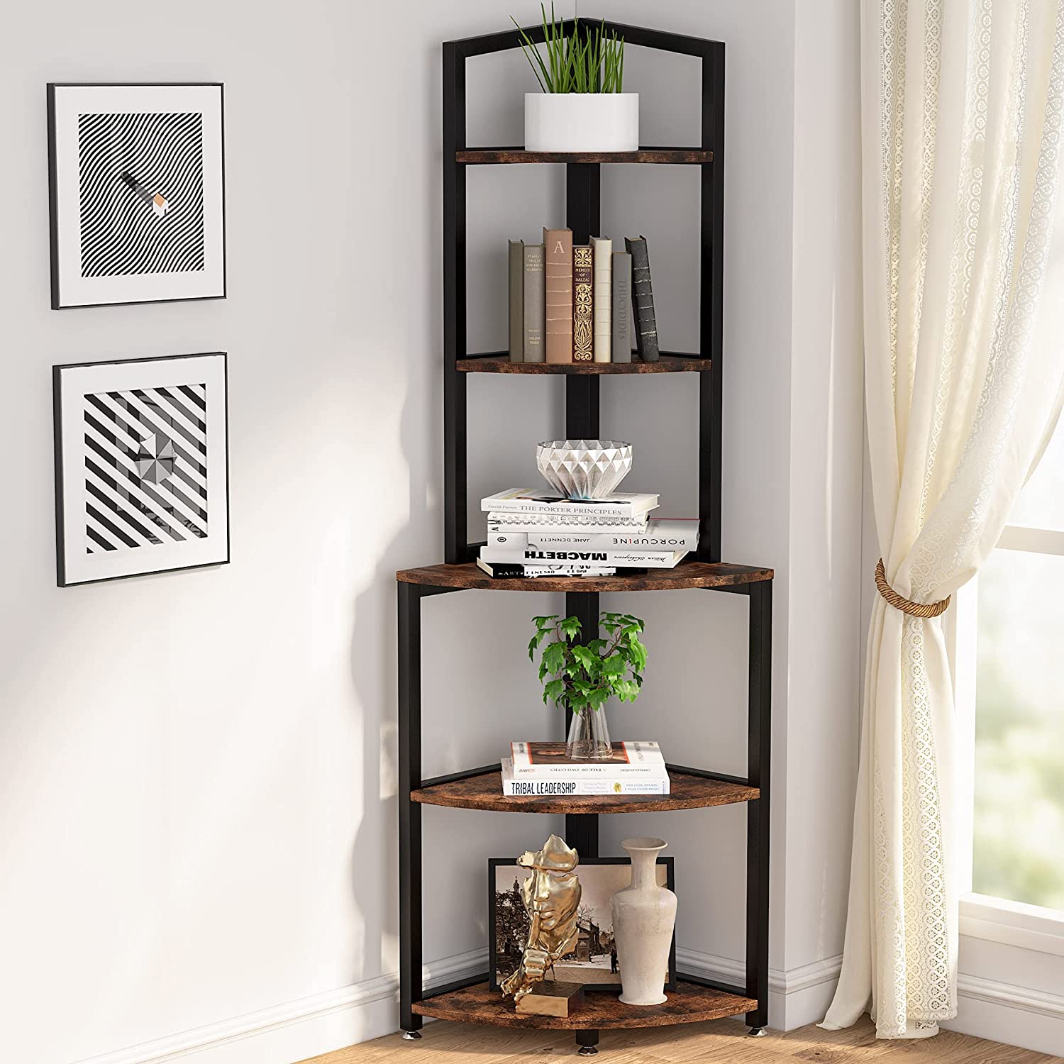 Tribesigns 5 Tier Corner Shelf, Industrial Corner Bookcase for Living ...